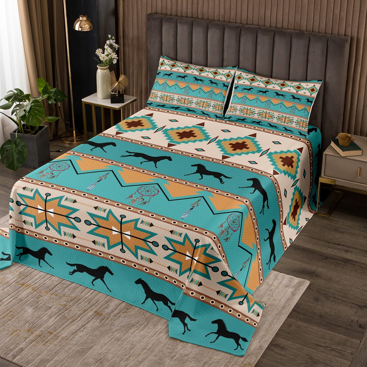 Horse Quilt Set Bohemian Dream Catchers King Bedspread Set,Tribe Arrow ...