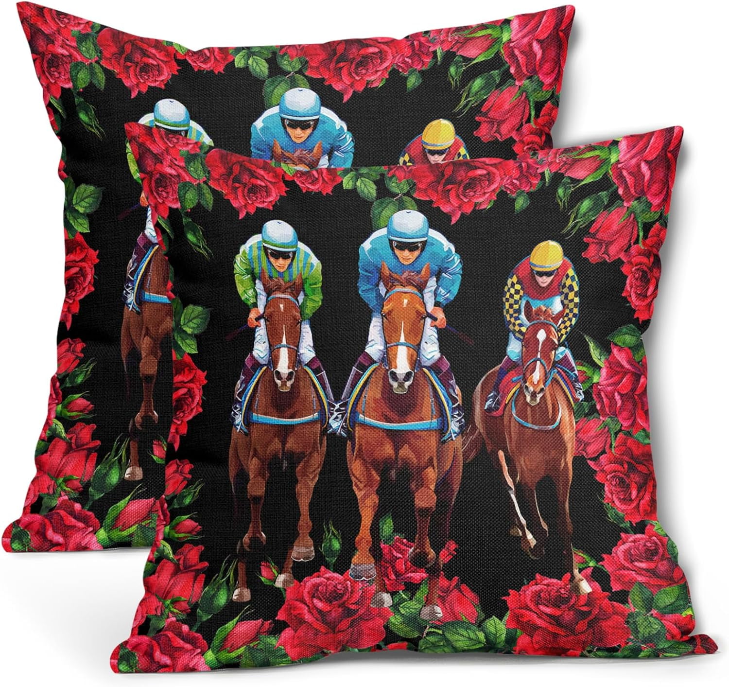 Horse Race Competition Pillow Covers 18X18 Inch Red Roses Jockeys ...