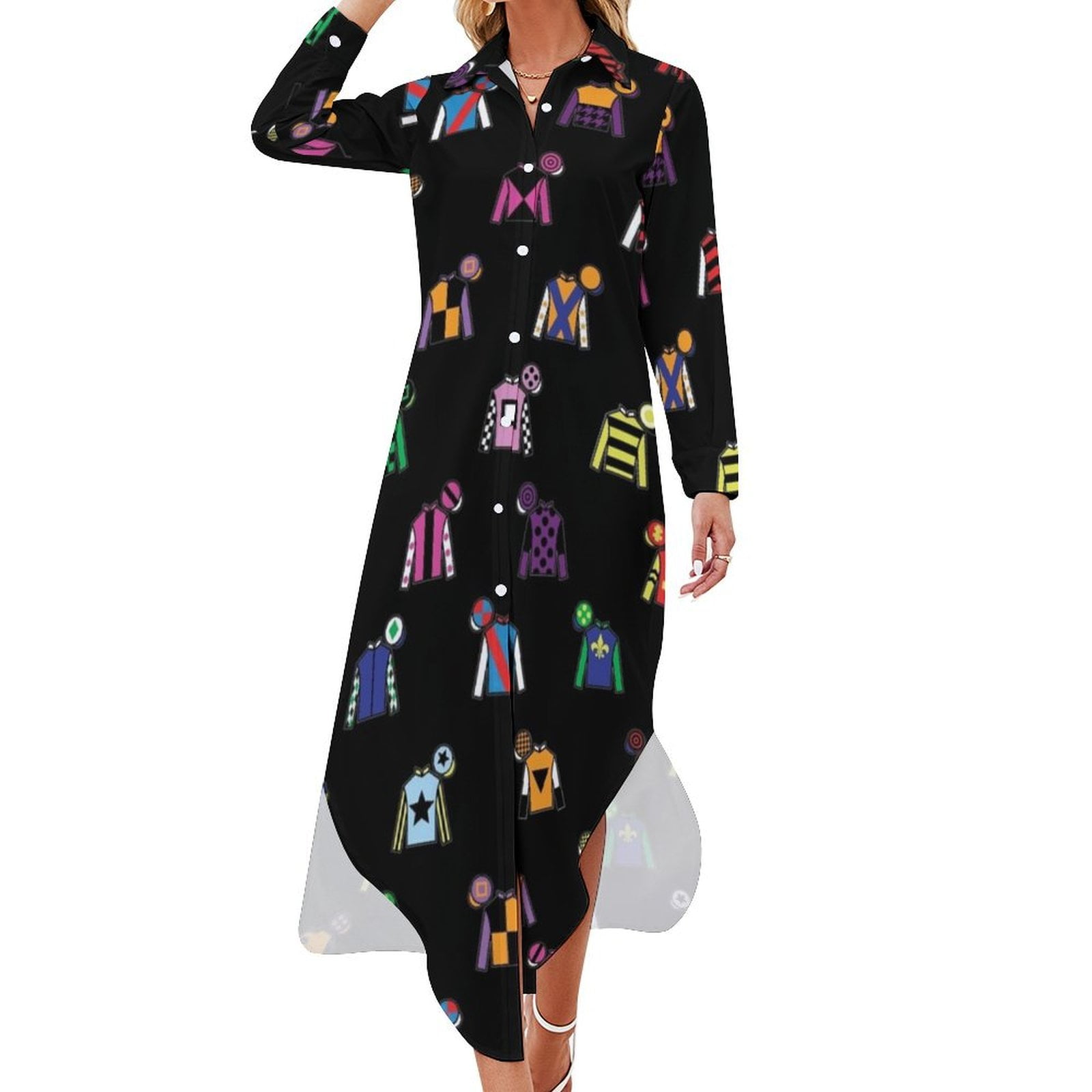 Horse Racing Jockey Silk Print Black Long Sleeved Shirt Dress summer ...