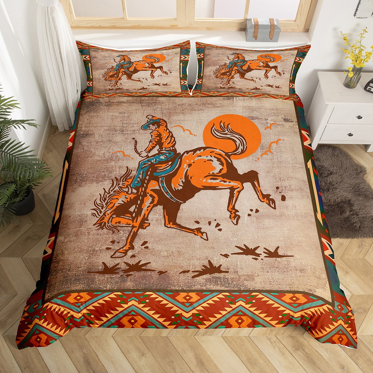Horse Riding Duvet Cover Twin Vintage Board Sunset Bedding Set Western ...