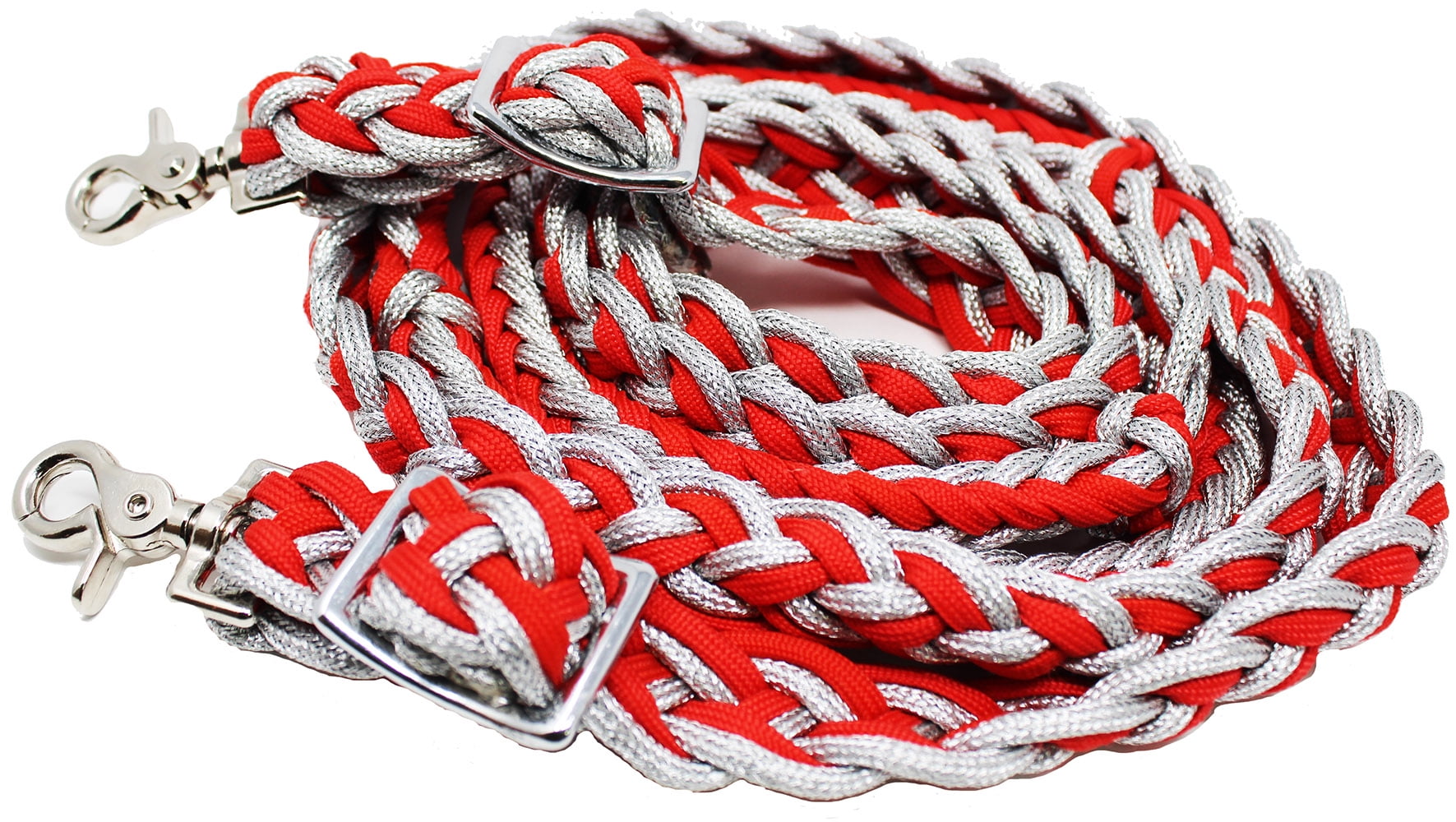 Horse Roping Tack Western Barrel Reins Nylon Braided Silver Red 607323 ...