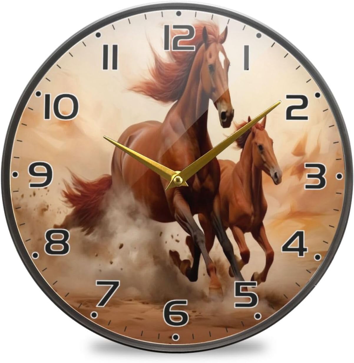Horse Running Desert Wall Clock Round Silent Non Ticking Battery ...