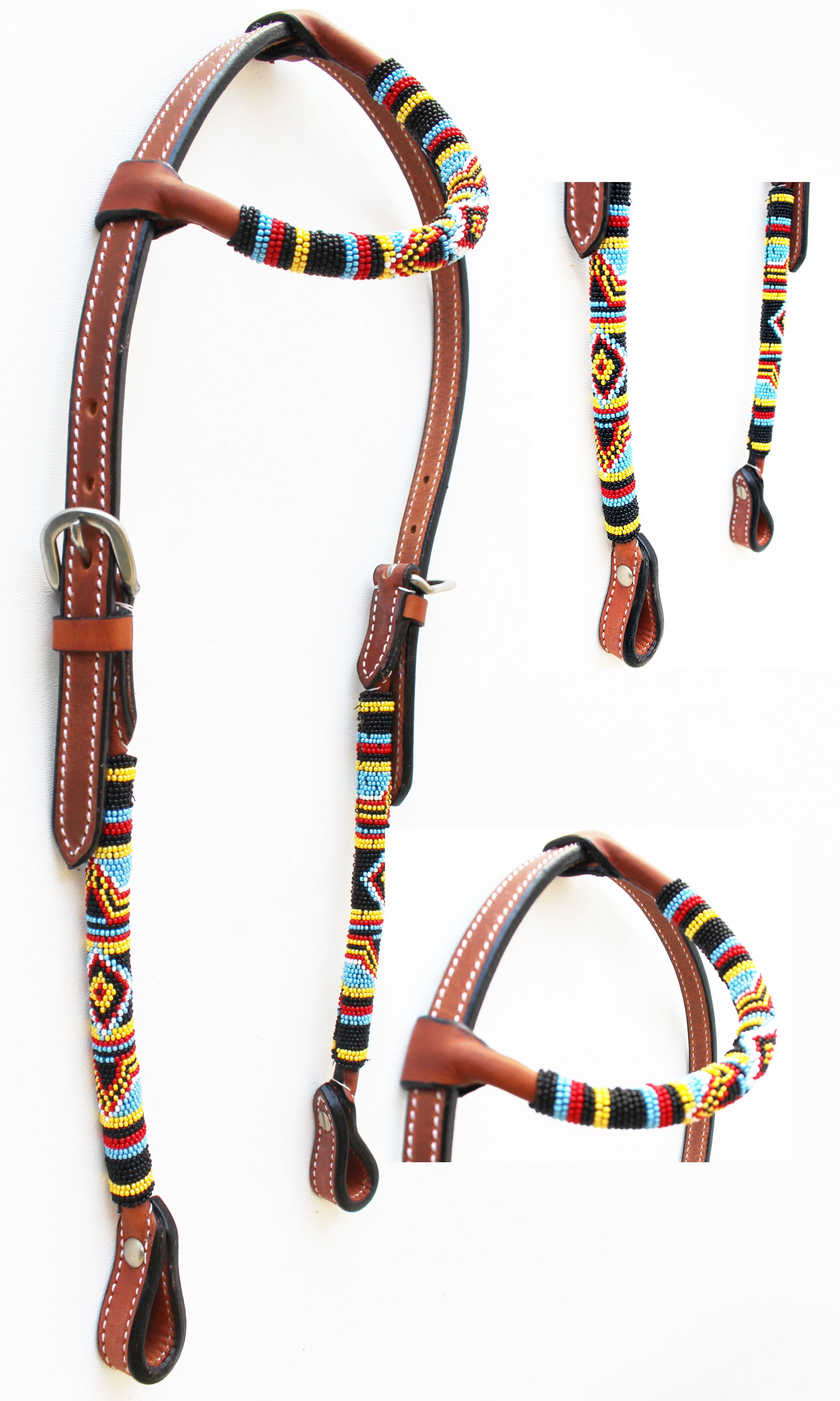 Horse Show Bridle Western Leather Headstall Beaded Overlay One Ear ...