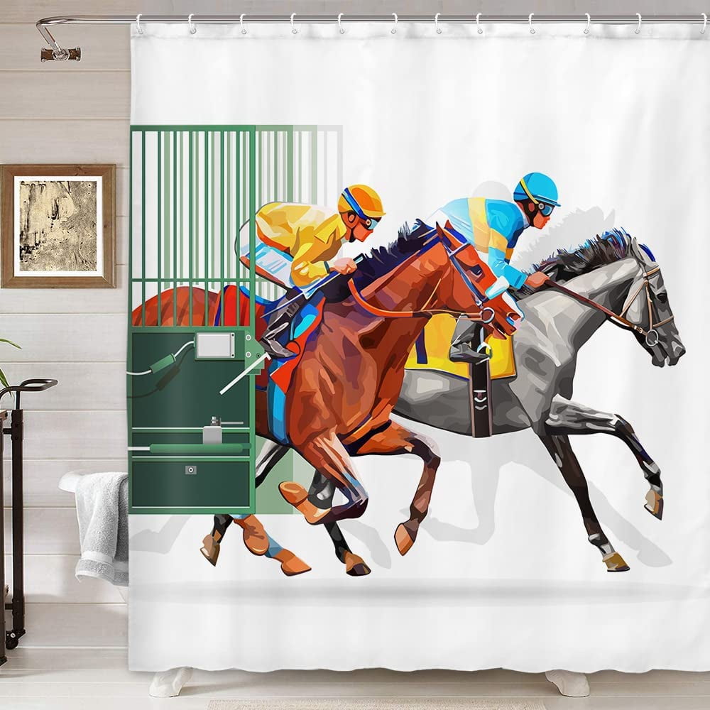 Horse Shower Curtain, Farm Competitive Scene with Three Racing Horses ...
