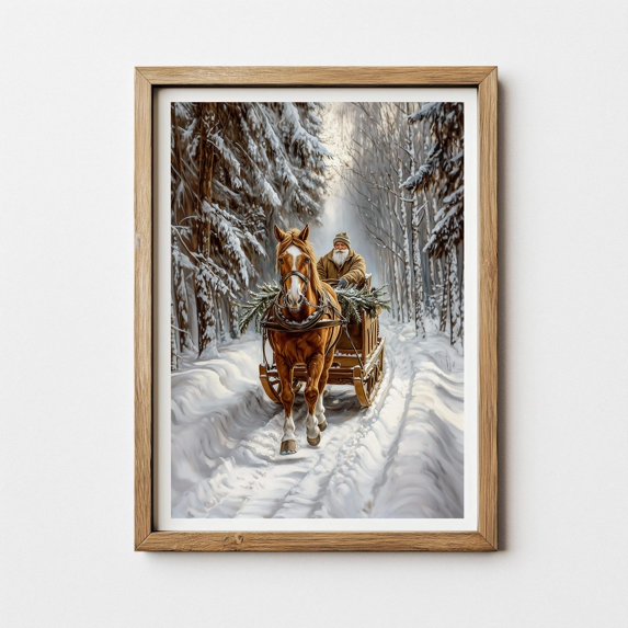 Horse Sleigh Ride Art Print, Winter Forest Printable, Rustic Snow Scene ...