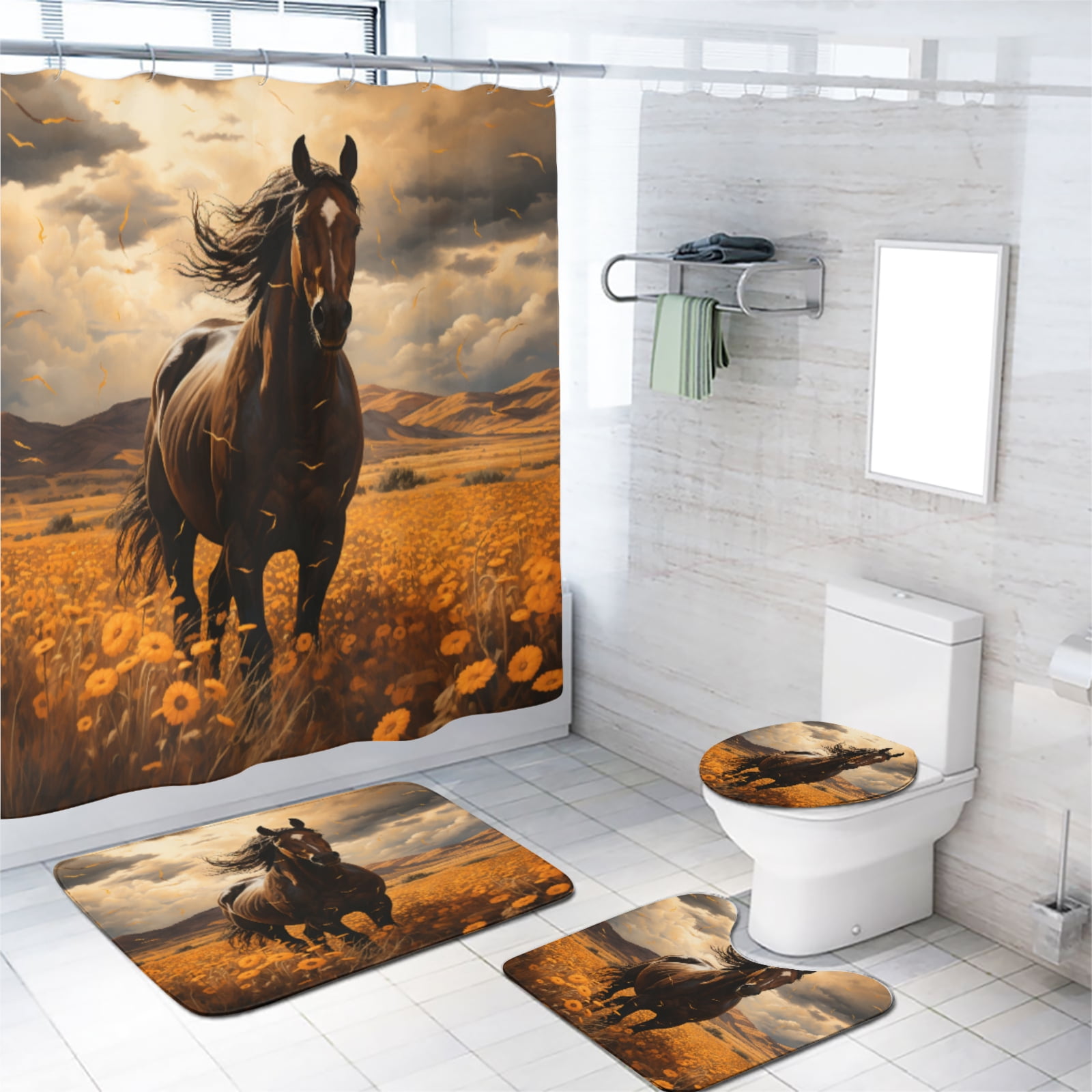 Horse Sunflower 4 Pcs Shower Curtain Set Western Wild Animal Country ...