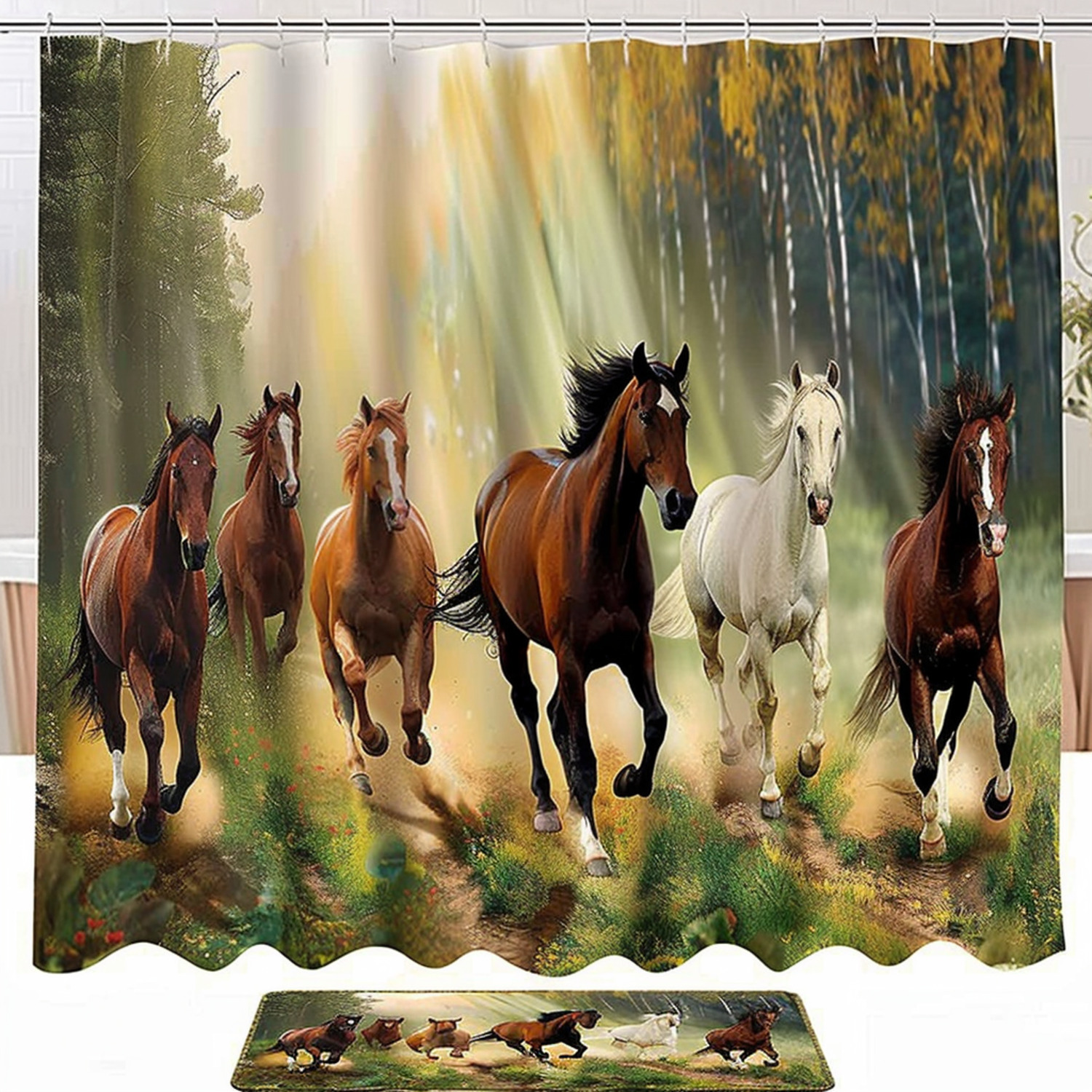 Horse Themed Shower Curtain Set Forest Running Horses Design Bathroom ...