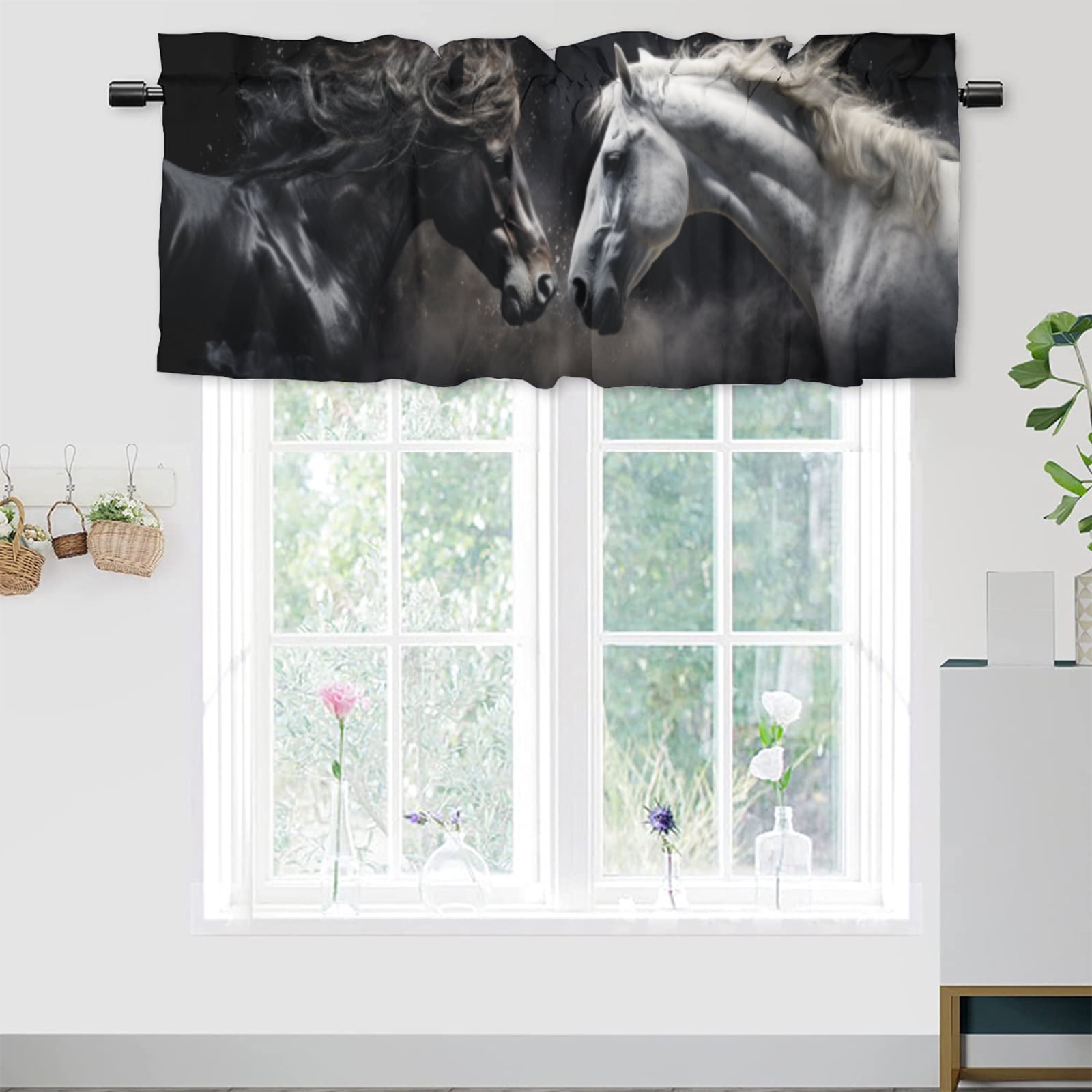 Horse Valance Curtain for Kitchen Black White Horse Herd Western Wild ...