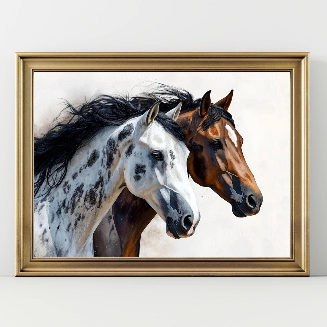 Horse Wall Art Print – Dapple Gray & Chestnut Horse Duo Portrait ...