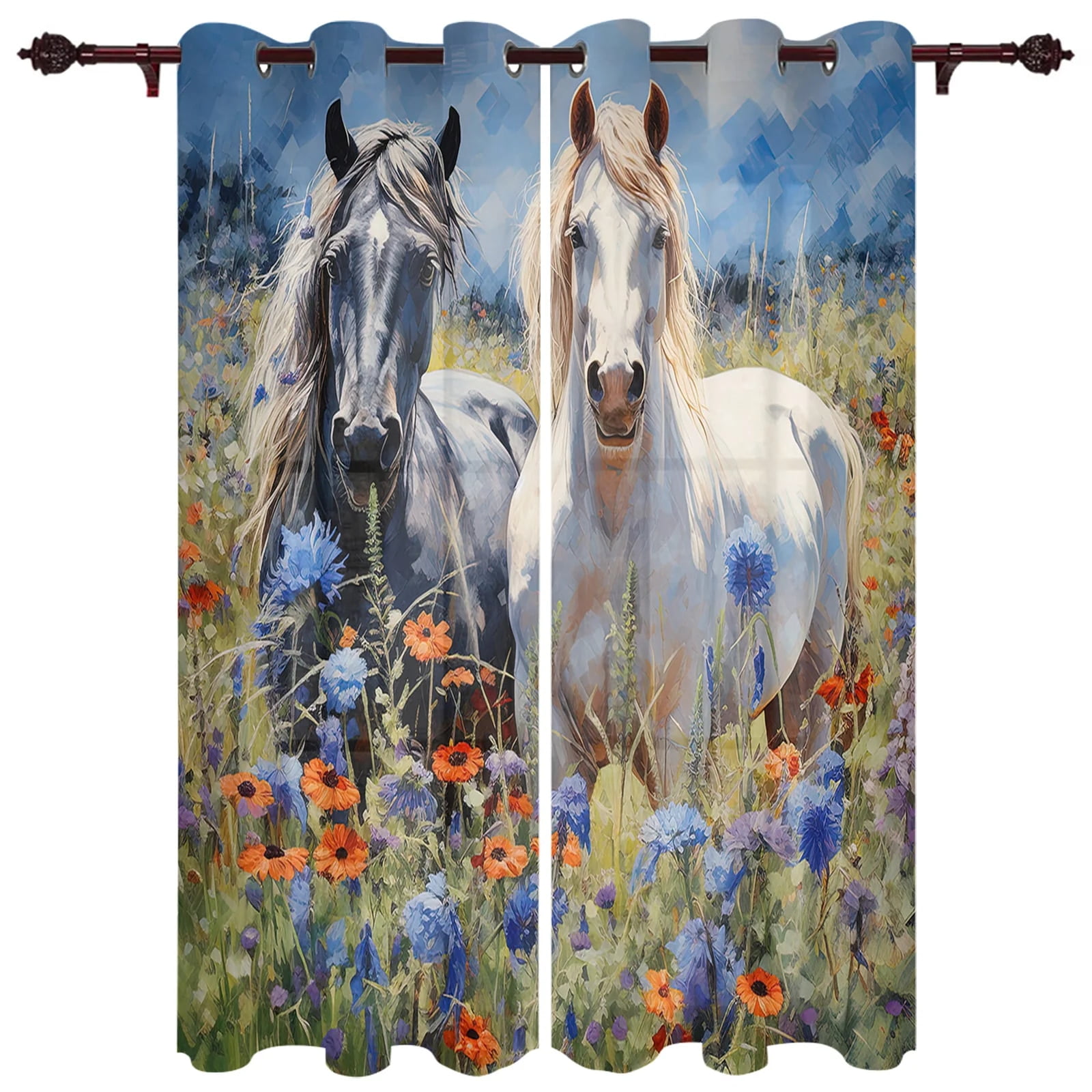 Horse Watercolor Flower Window Curtains for Living Room Bedroom Curtain ...