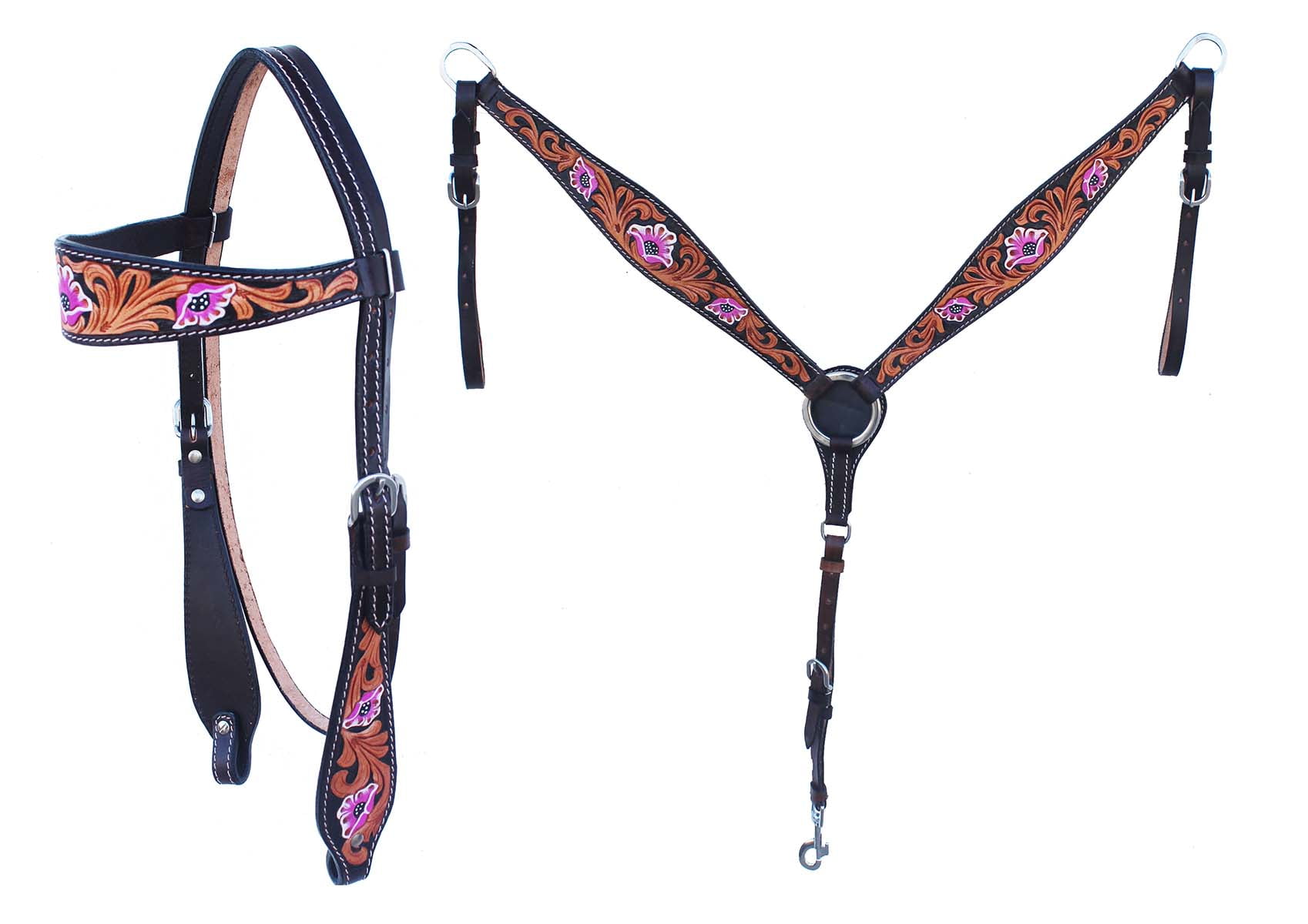 Horse Western Floral Tooled Browband Bridle Breast Collar Tack Set Pink ...