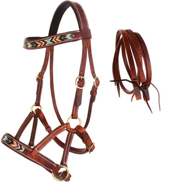 Horse Western Padded Leather Beaded Bitless Sidepull Bridle 77RT17TN-F ...