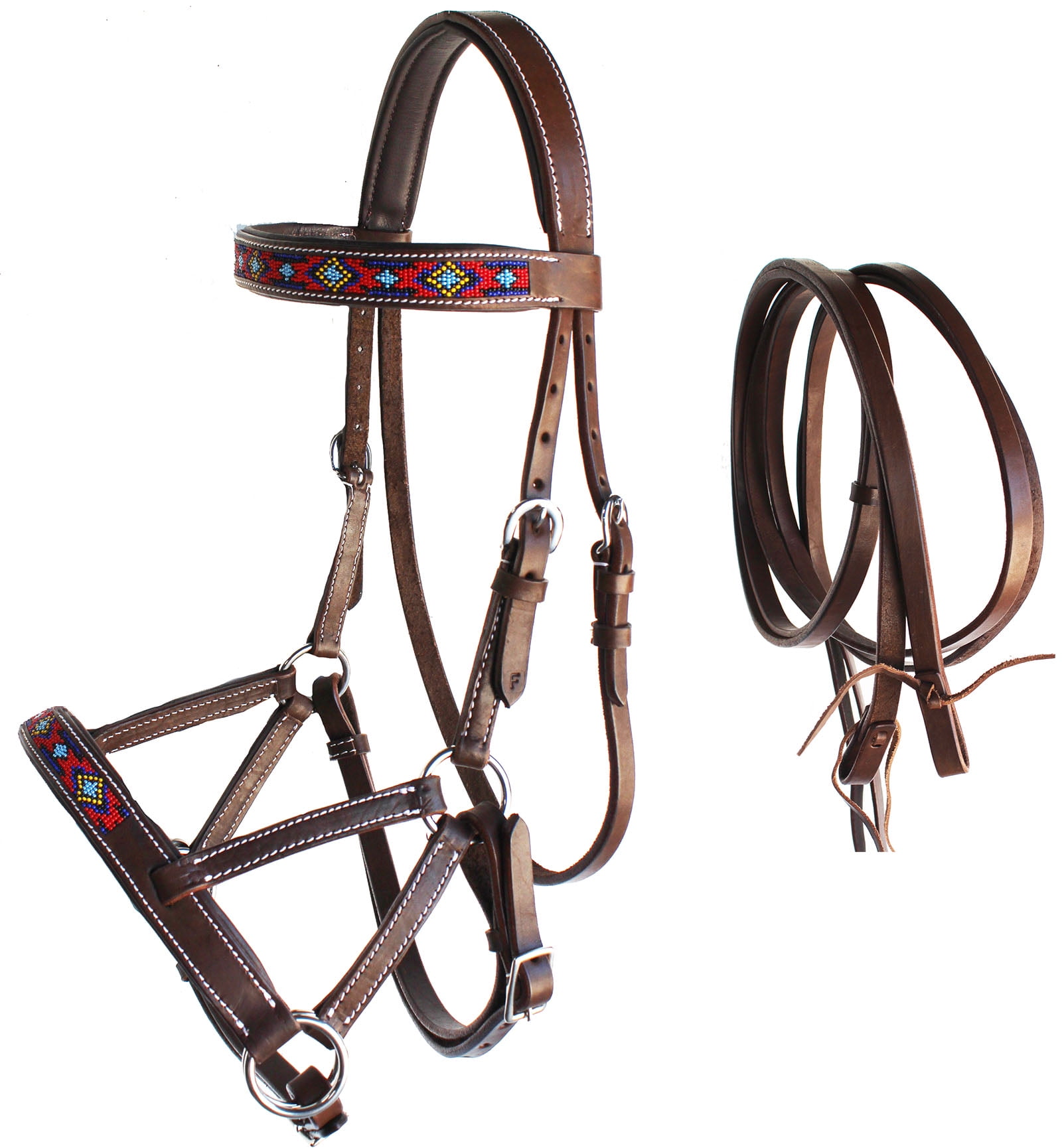 Horse Western Leather Tack Beaded Bitless Sidepull Bridle Reins Brown 77RS21BR - Walmart.com