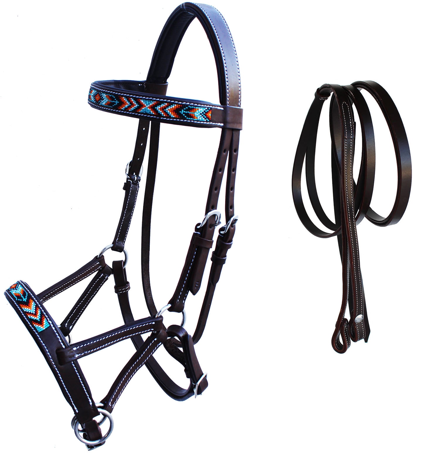 Horse Western Leather Tack Beaded Bitless Sidepull Bridle Reins Brown ...