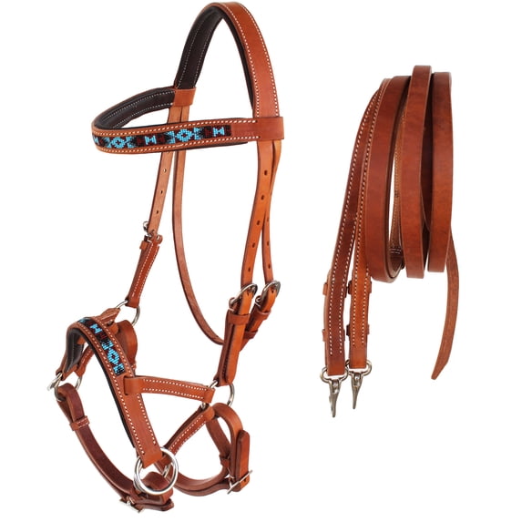 Horse Western Padded Leather Beaded Bitless Sidepull Bridle 77RT17TN-F ...