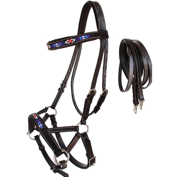 Horse Western Padded Leather Beaded Bitless Sidepull Bridle 77RT17TN-F ...