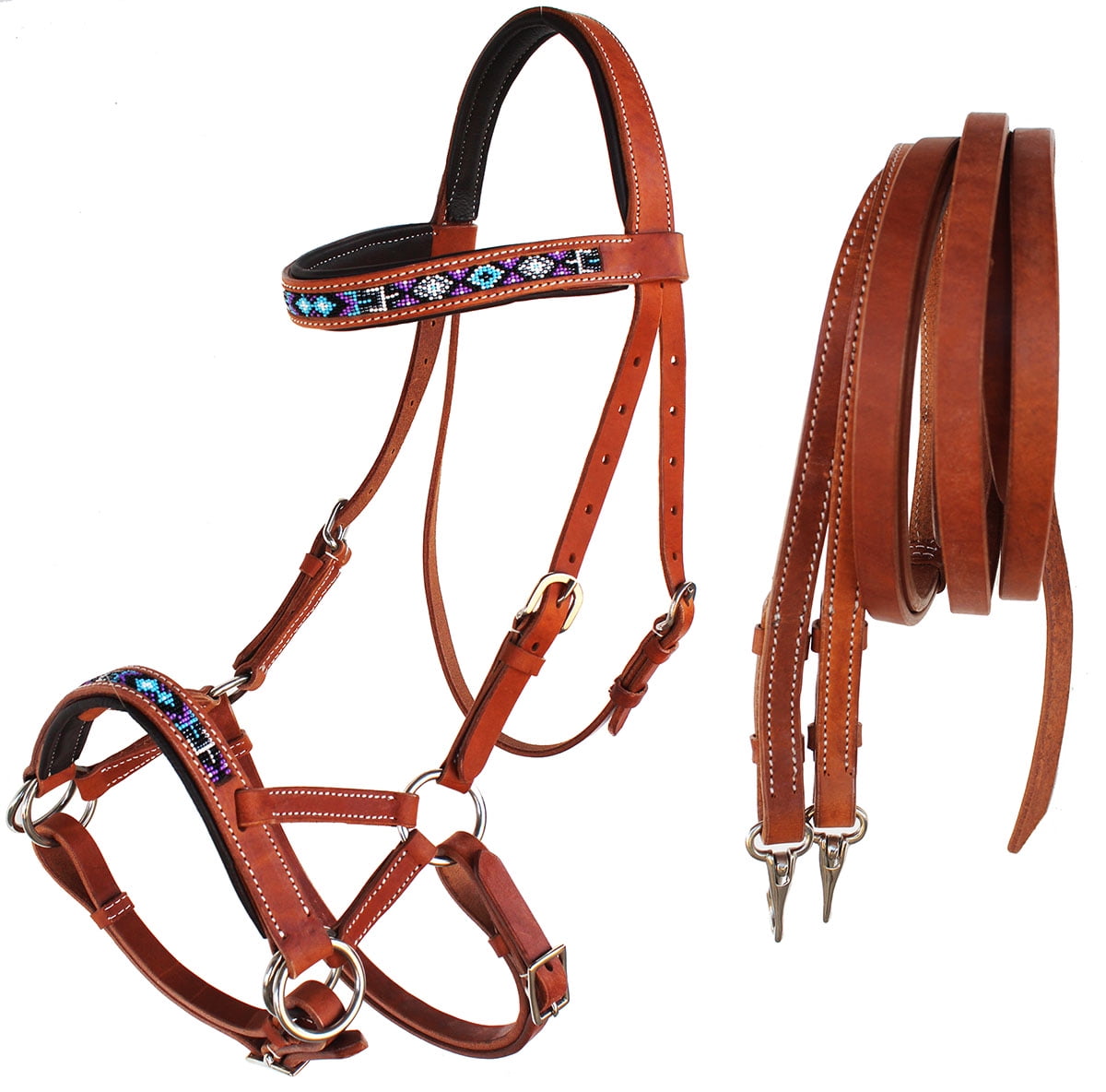 Horse Western Padded Leather Beaded Bitless Sidepull Bridle 77RT25TN-F ...