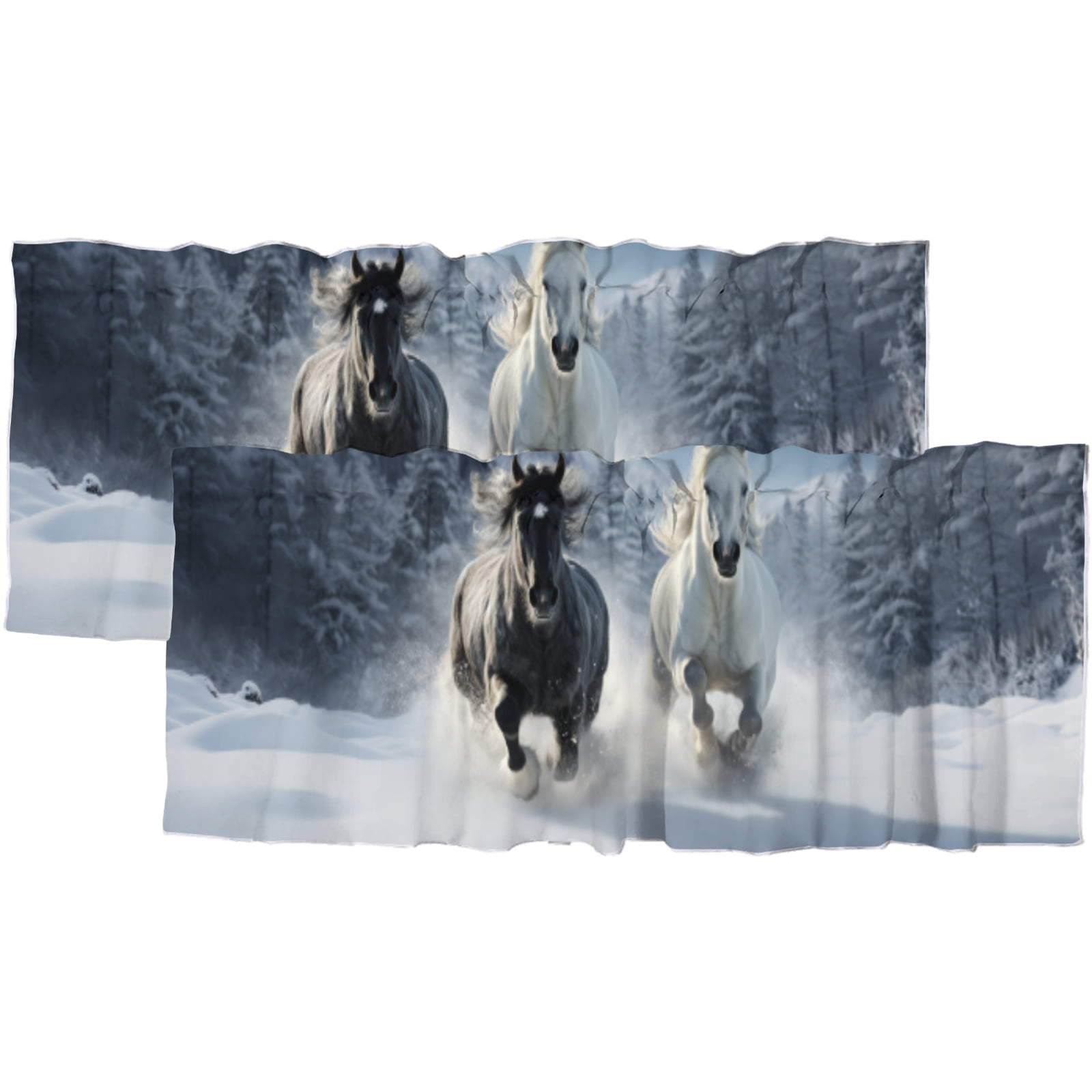Horse Window Curtain Valances Racing Black and White Horses on Snow ...