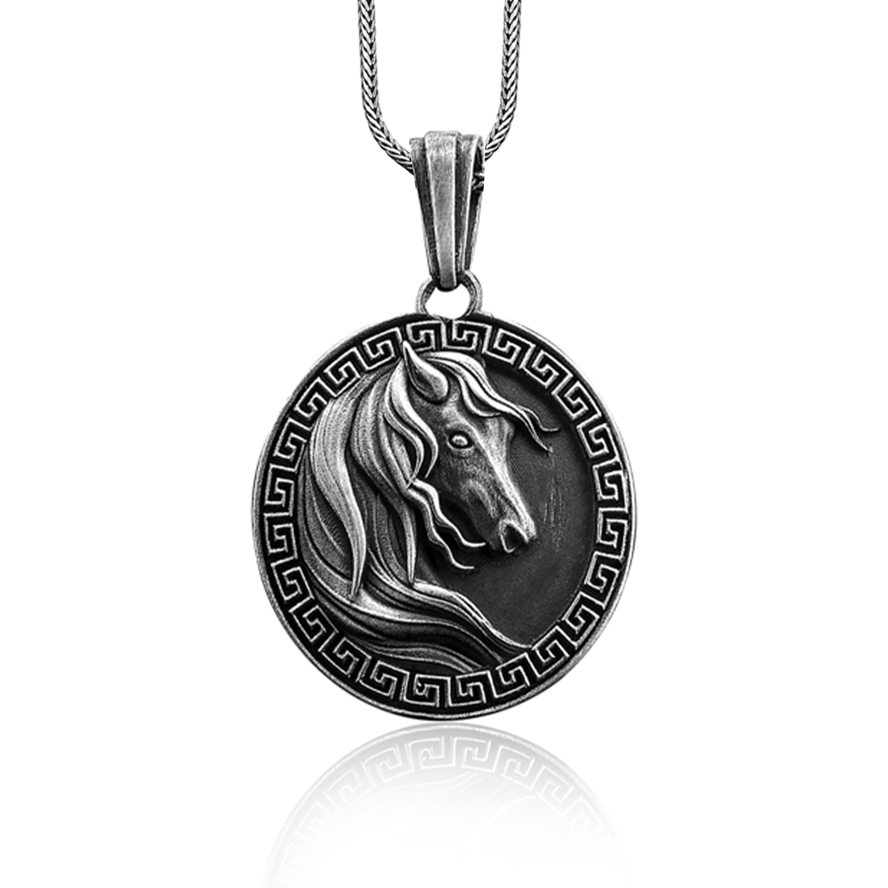 Horse head coin necklace for men, Handmade horse mens silver pendant ...