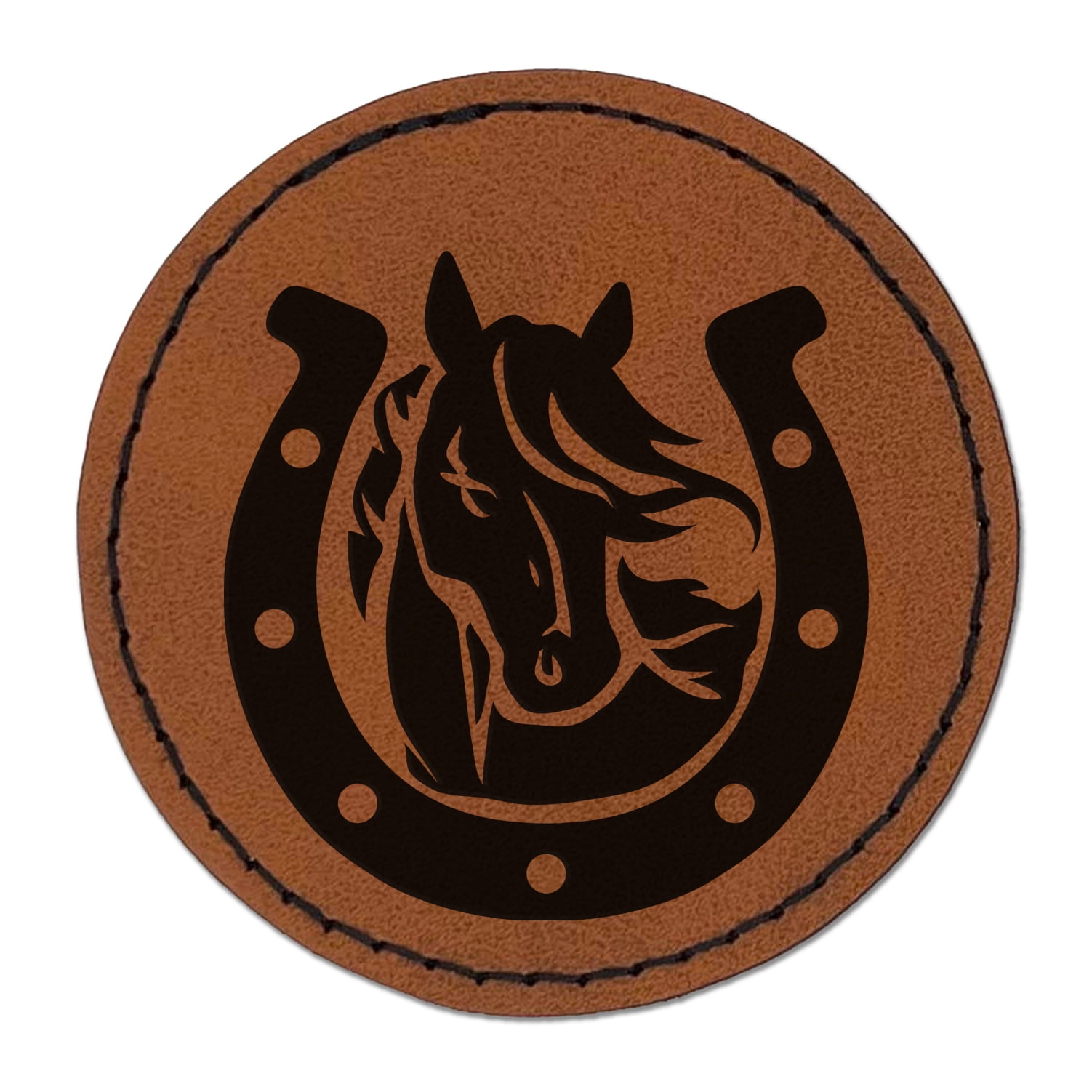 Horse in Horseshoe 2.5" Faux Leather Round Engraved Iron-On Patch ...