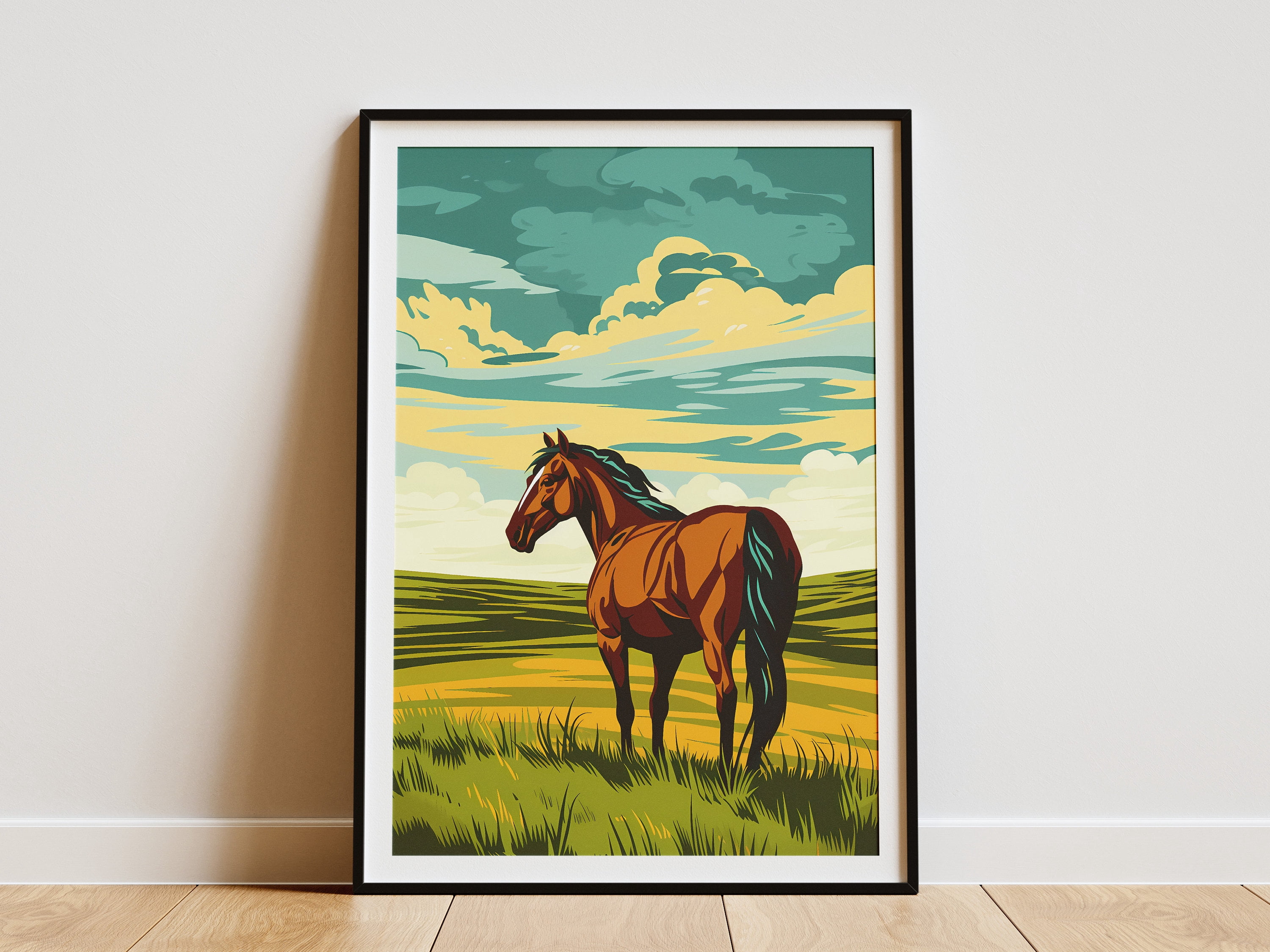 Horse in a Prairie Poster Vintage Travel Poster Minimalist Landscape ...