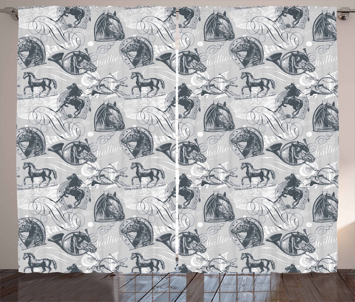 Ambesonne Horses Curtains 2 Panel Set, Stallion Sketch Style, 108" x 96 ...