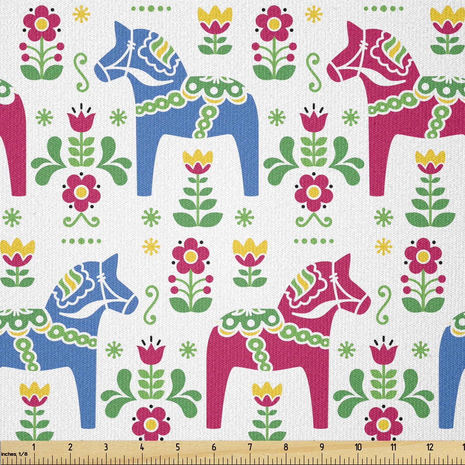 Horses Fabric by The Yard, Classic Swedish Dalecarlian Coral Azure Blue ...
