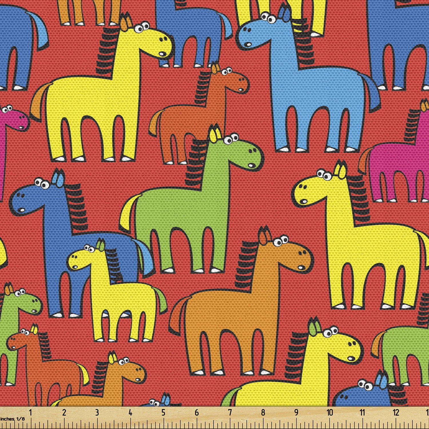 Ambesonne Horses Fabric by the Yard Upholstery, Cartoon Stallion Farm ...