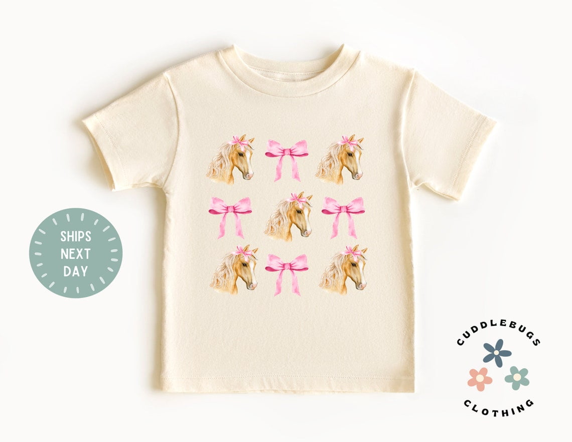 Horses Farm Animals Kids Tee - Cute Horses And Bows - Birthday Girl ...