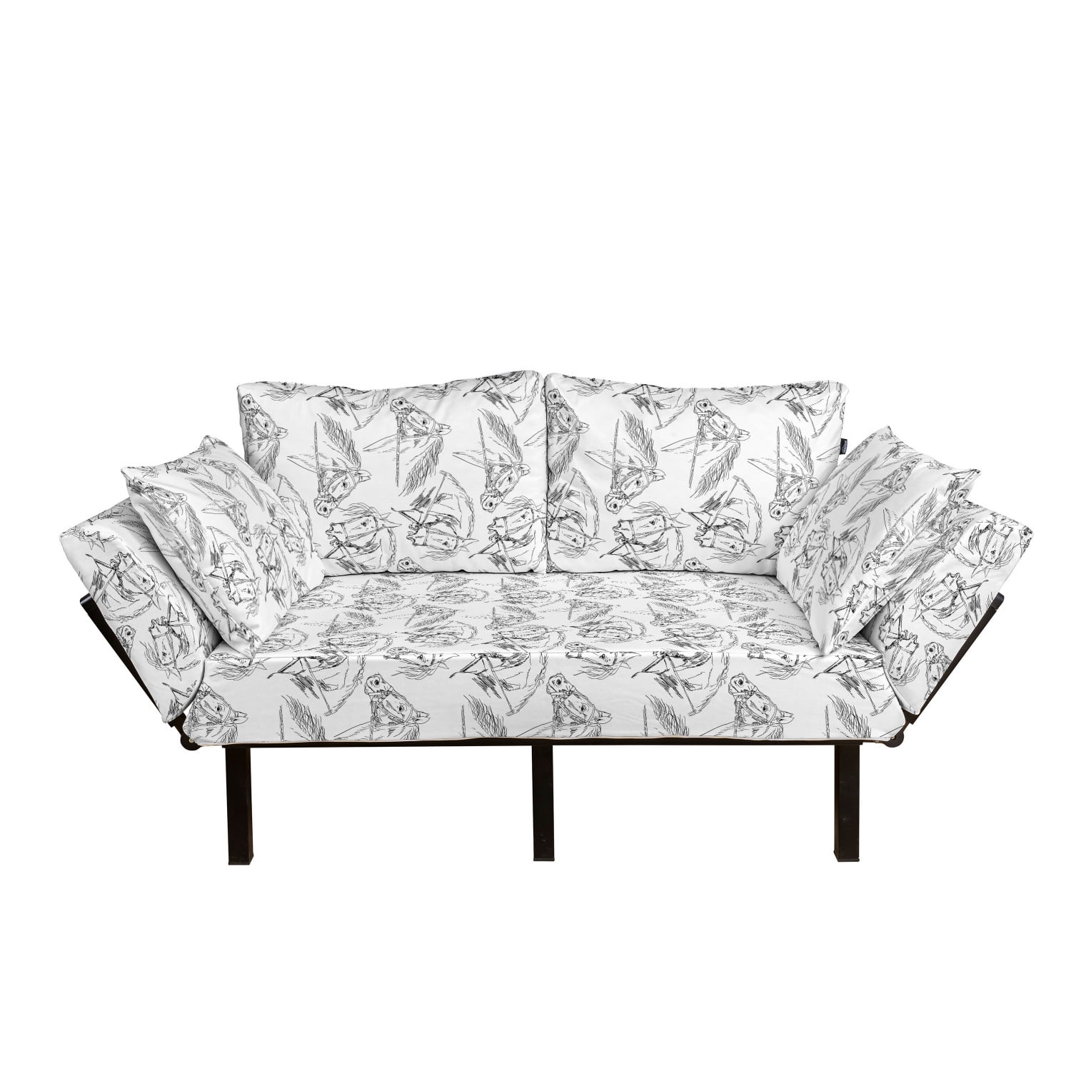 Horses Futon Couch, Sketch of Mare Monochrome Animal Portrait with ...