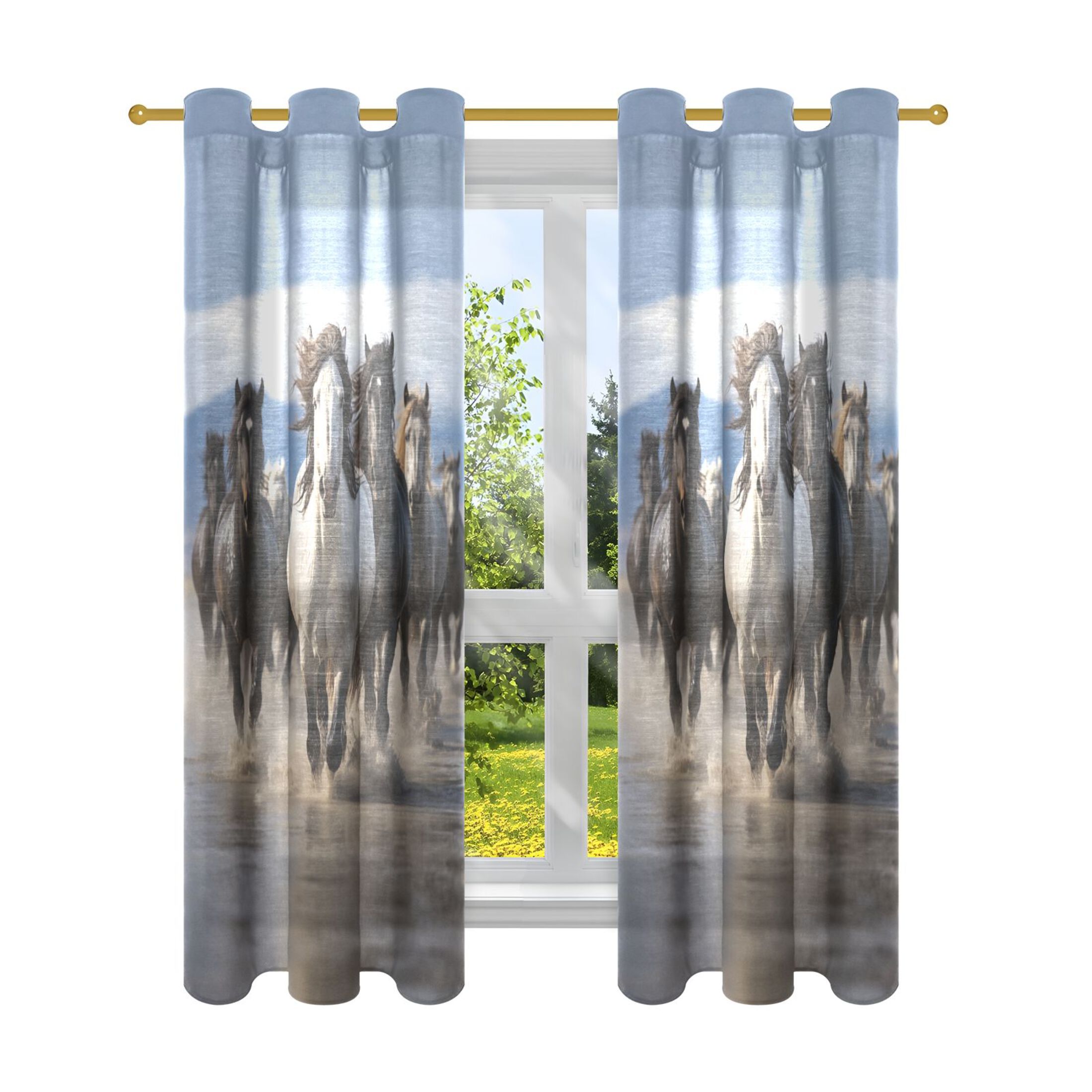 Horses Galloping on Water Sheer Curtains 2 Panels Set Grommet Drapes ...