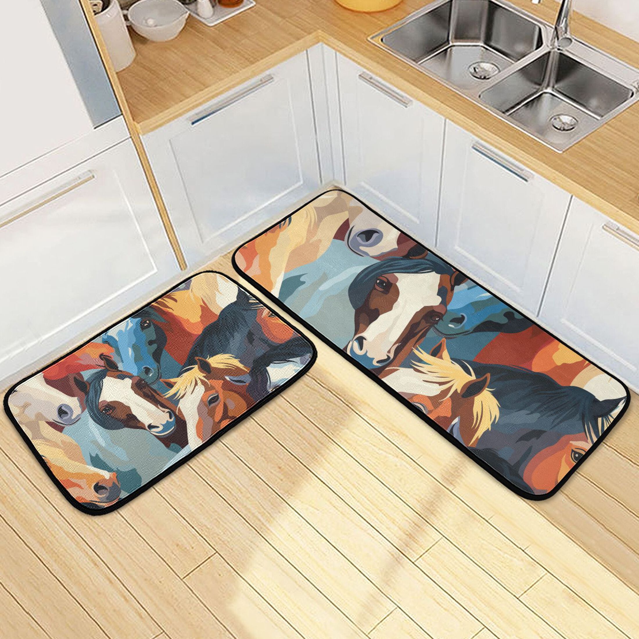 Horses Kitchen Rugs Set of 2 Non Slip Floor Foam Mat Cushioned Soft ...