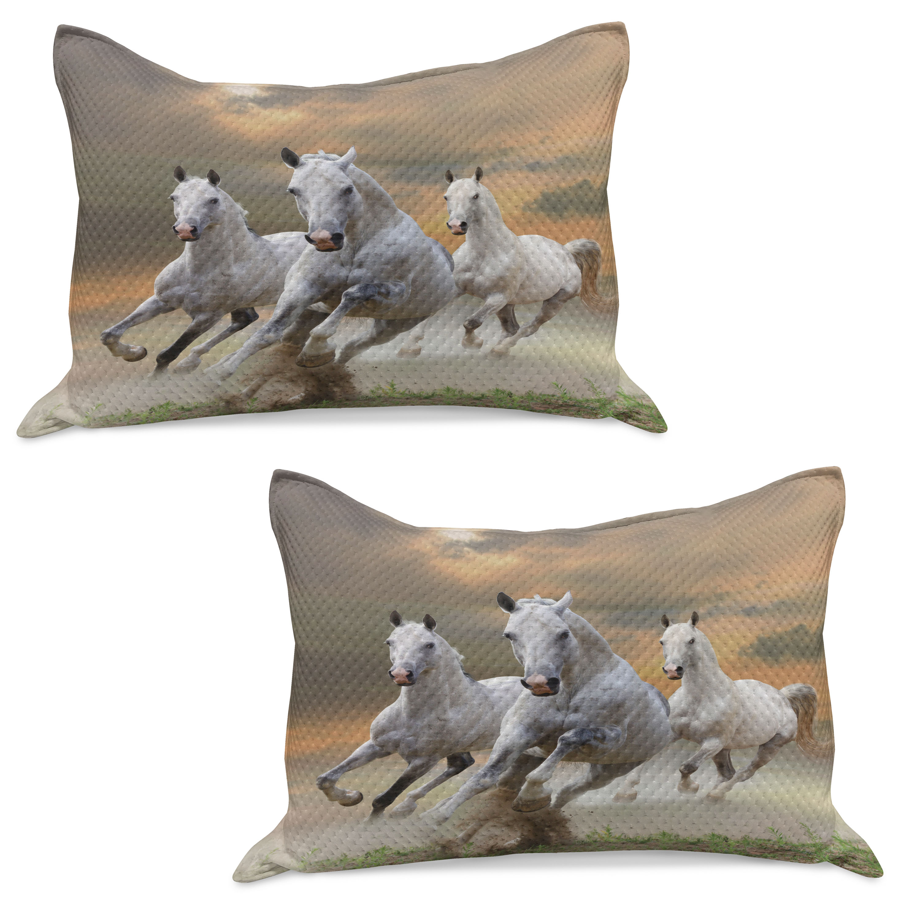 Horses Knitted Quilt Pillowcover Set of 2, Stallion Horses Running on a ...