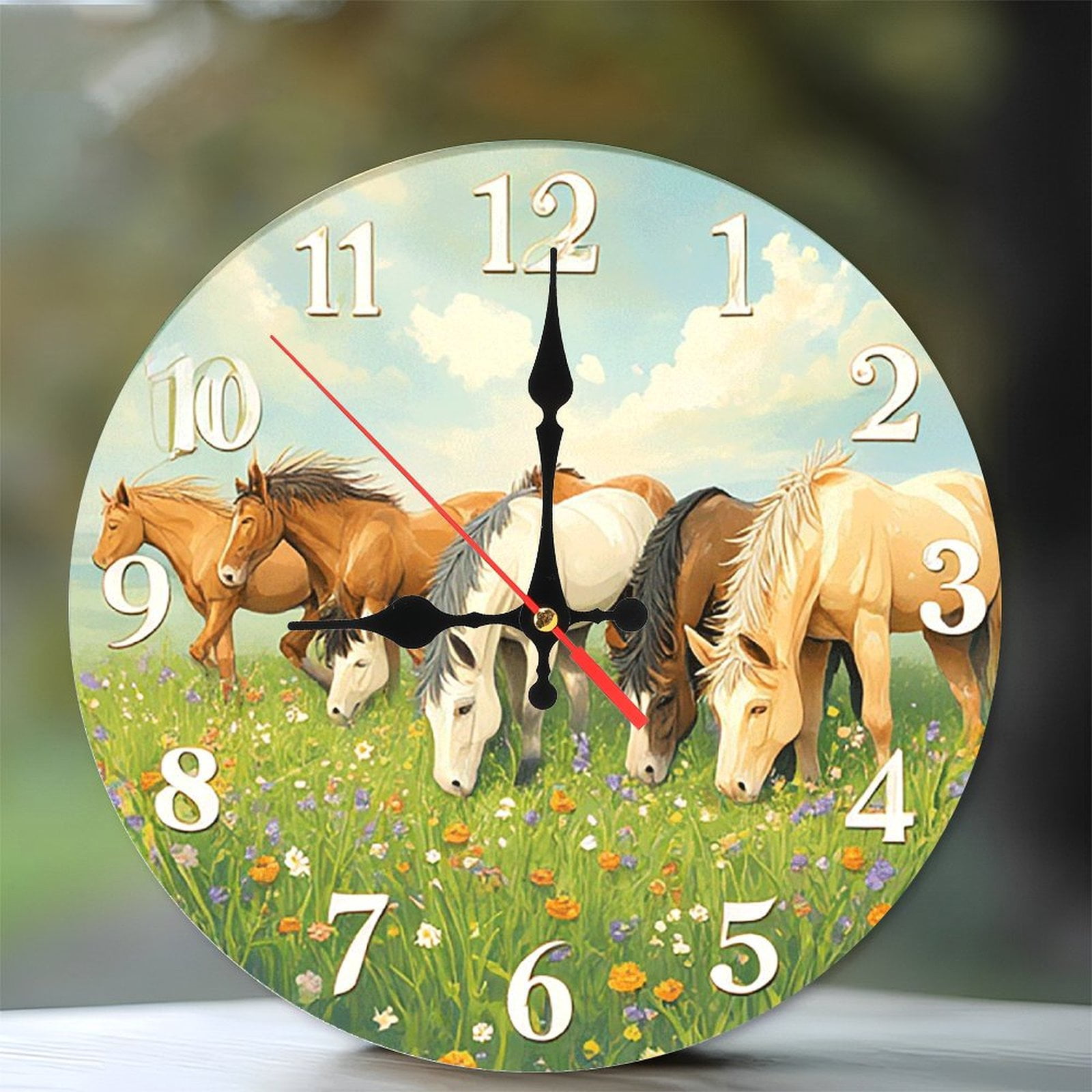 Horses Meadow Wall Clock Farm Animals 10-Inch Silent Wooden Wall Clock ...