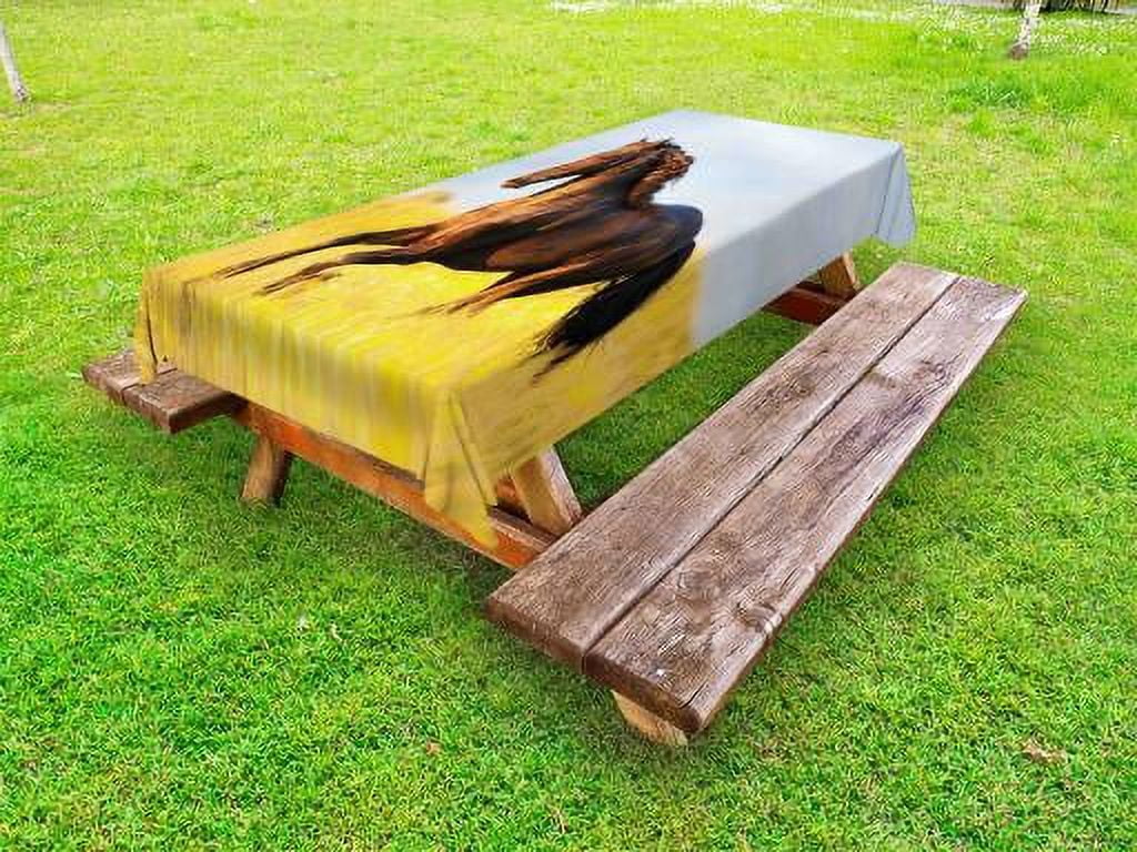 Horses Outdoor Tablecloth, Friesian Horse with Mane Gallops in Meadow ...
