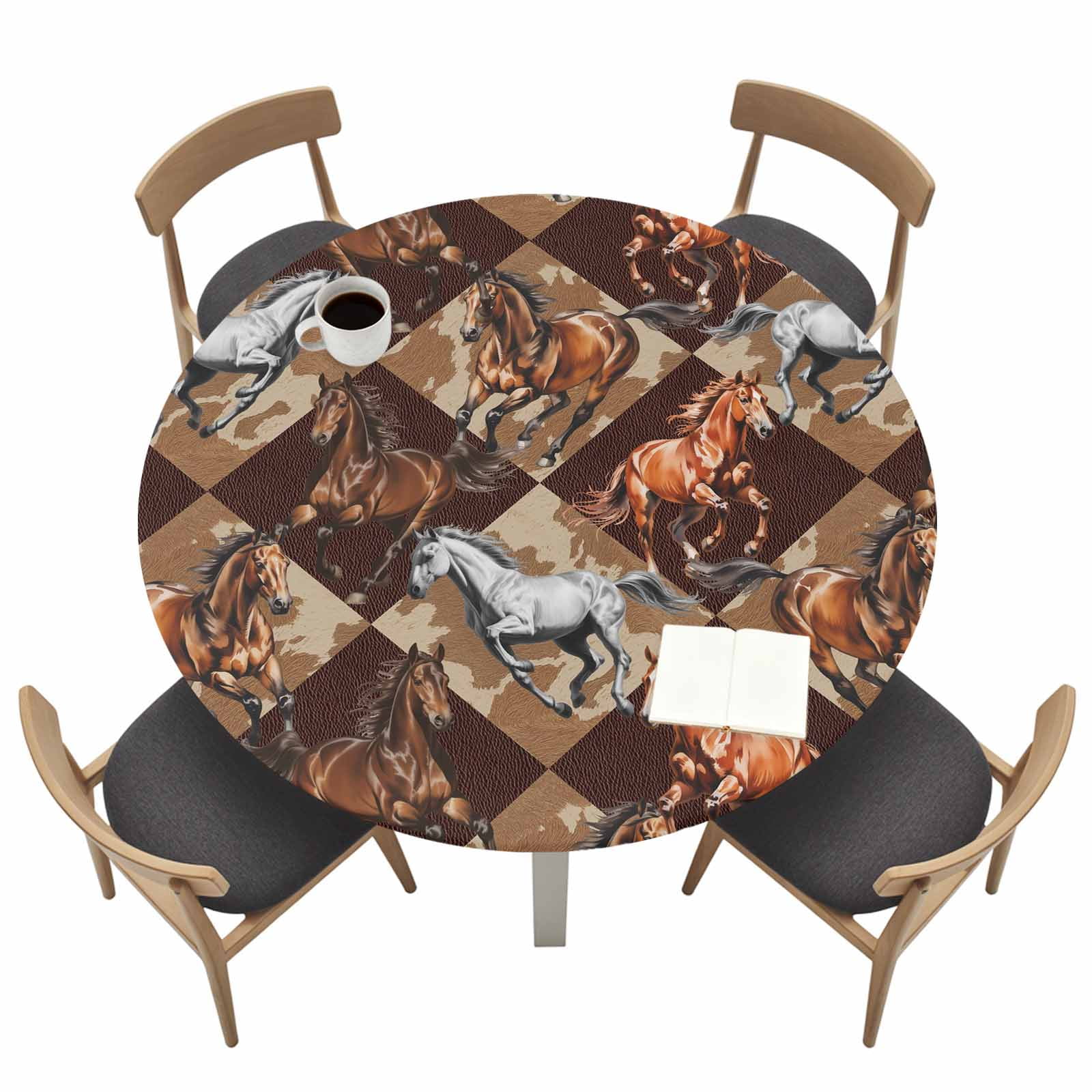 Horses Round Fitted Tablecloth with Elastic Edge Watercolor White Brown ...