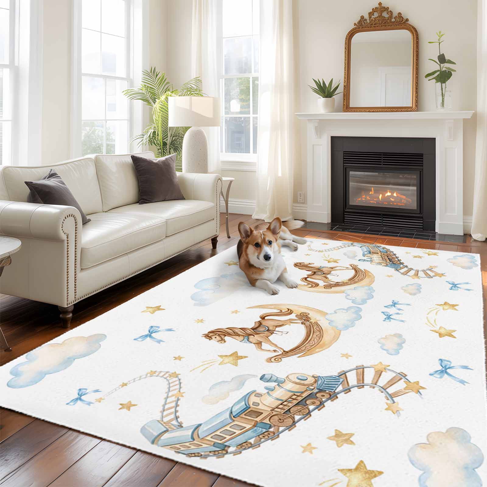 Horses Stars Large Area Rugs 5x8 ft Trains Rail Orbits Cloud Moon Blue ...