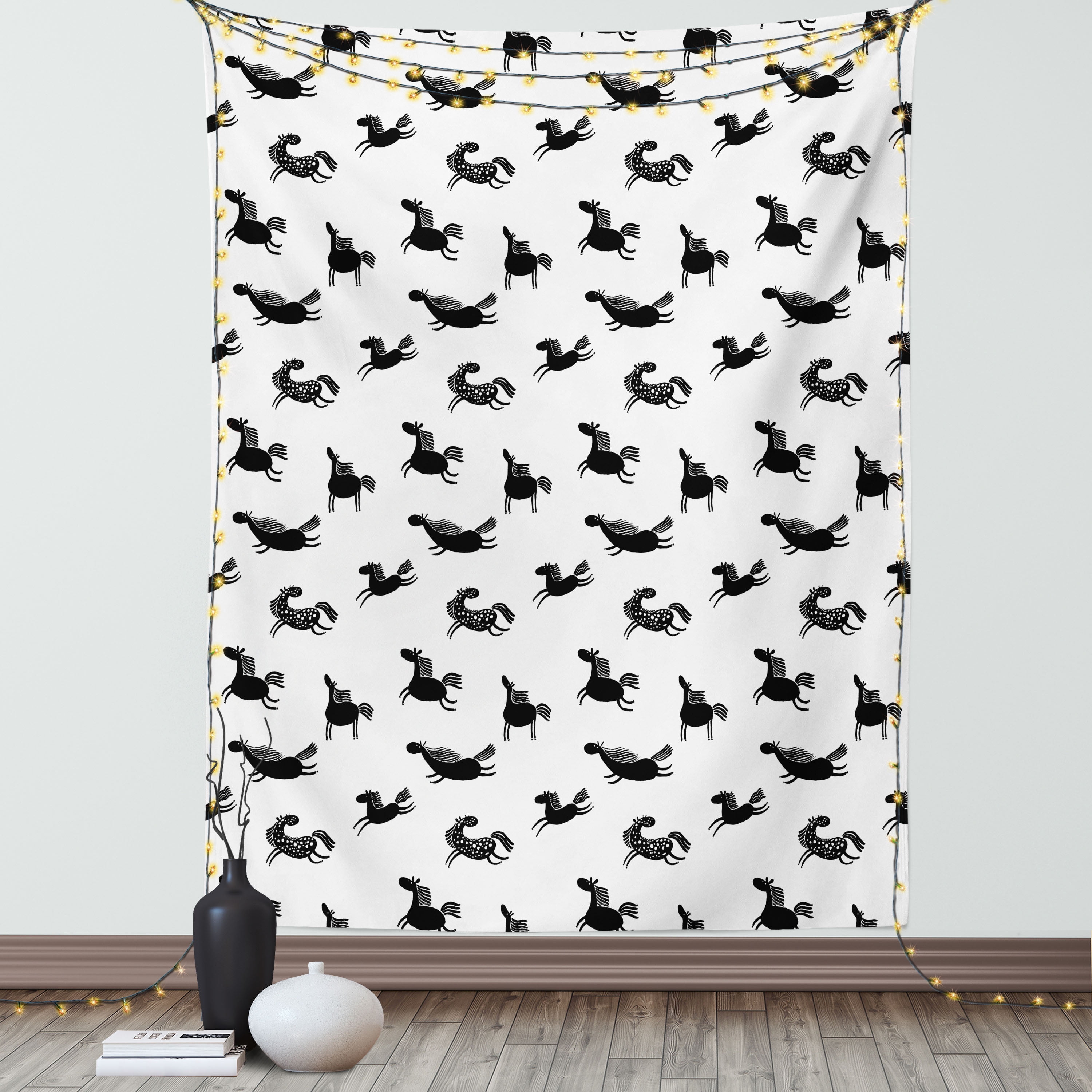 Horses Tapestry, Cute Doodle Equidae Pattern Monochrome Cartoon ...