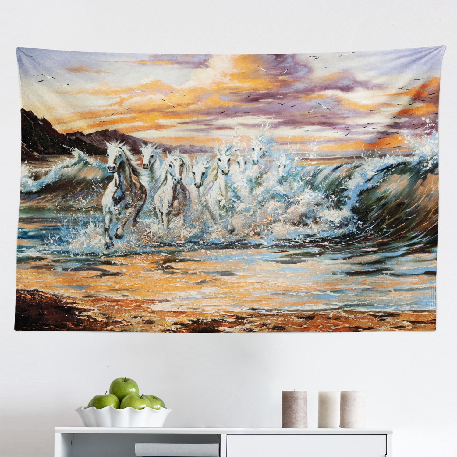 Horses Tapestry, Friesian Animal Mane Gallops in Meadow Mystery ...