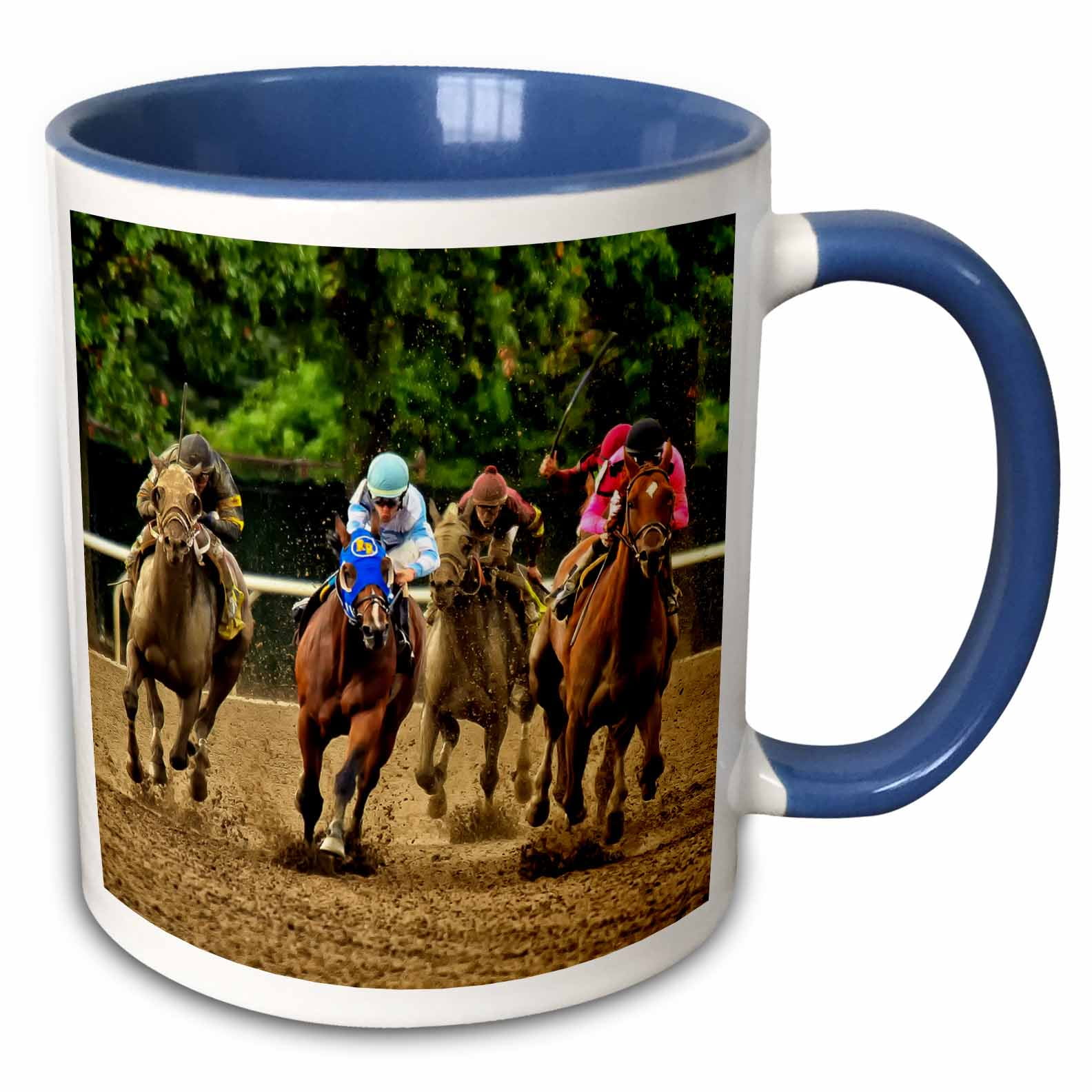 Horses and jockeys racing to finish line, mud flying 11oz Two-Tone Blue ...