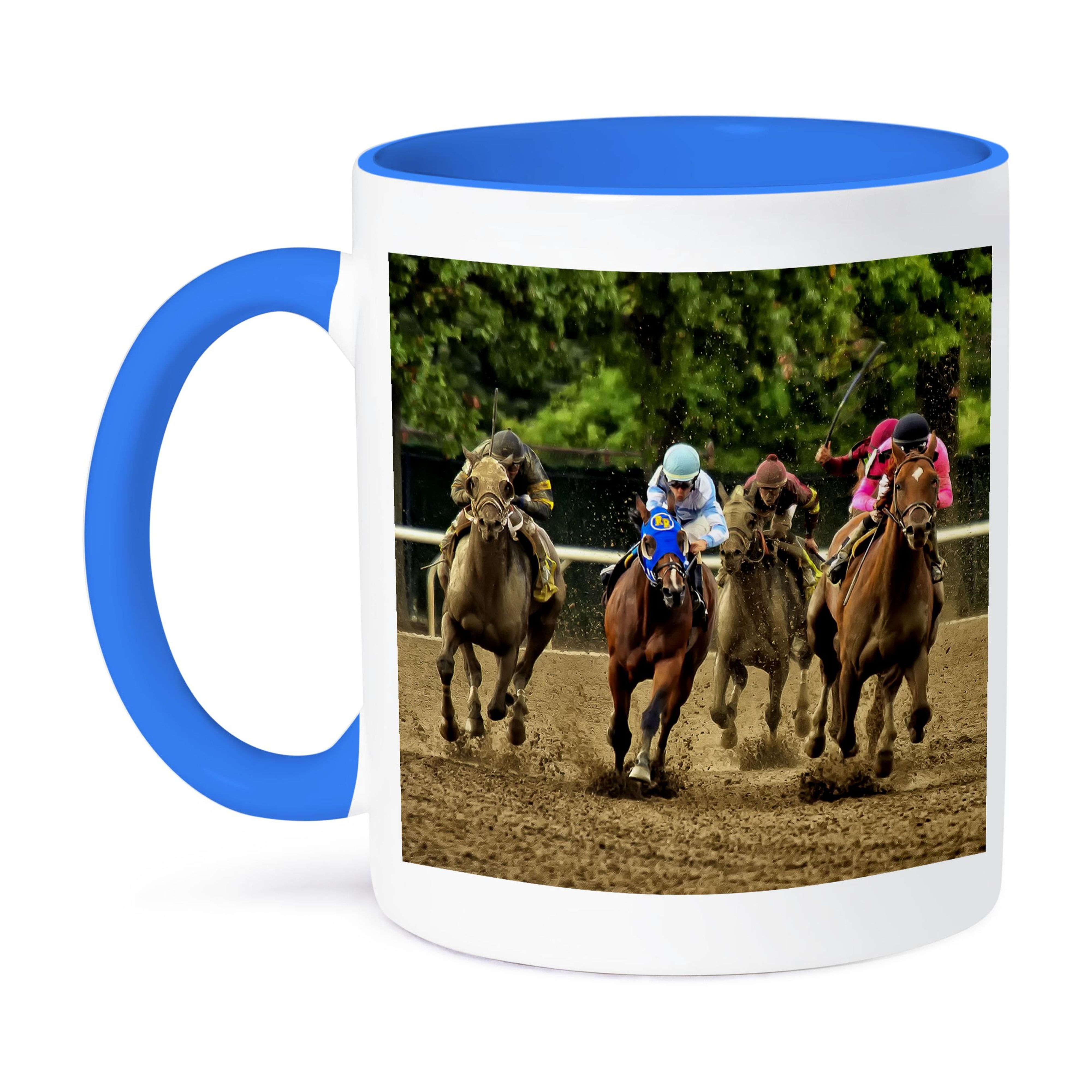 3dRose, Horses and jockeys racing to finish line, mud flying, 11oz Two ...