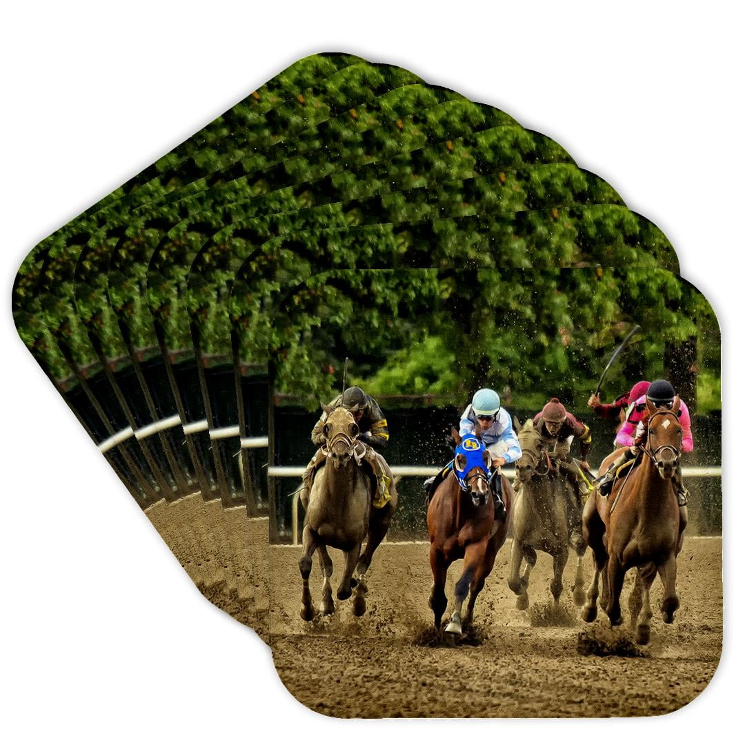 3dRose, Horses and jockeys racing to finish line, mud flying, Set of 8 ...