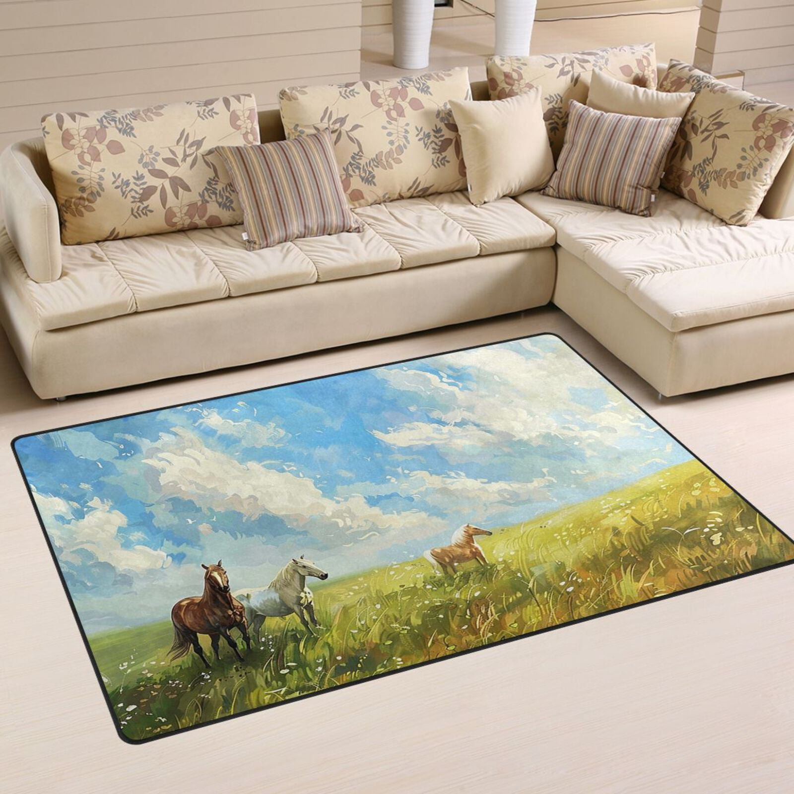 Horses in Grassland Area Rug Washable Floor Carpet Mat 60 x 39 inch for ...