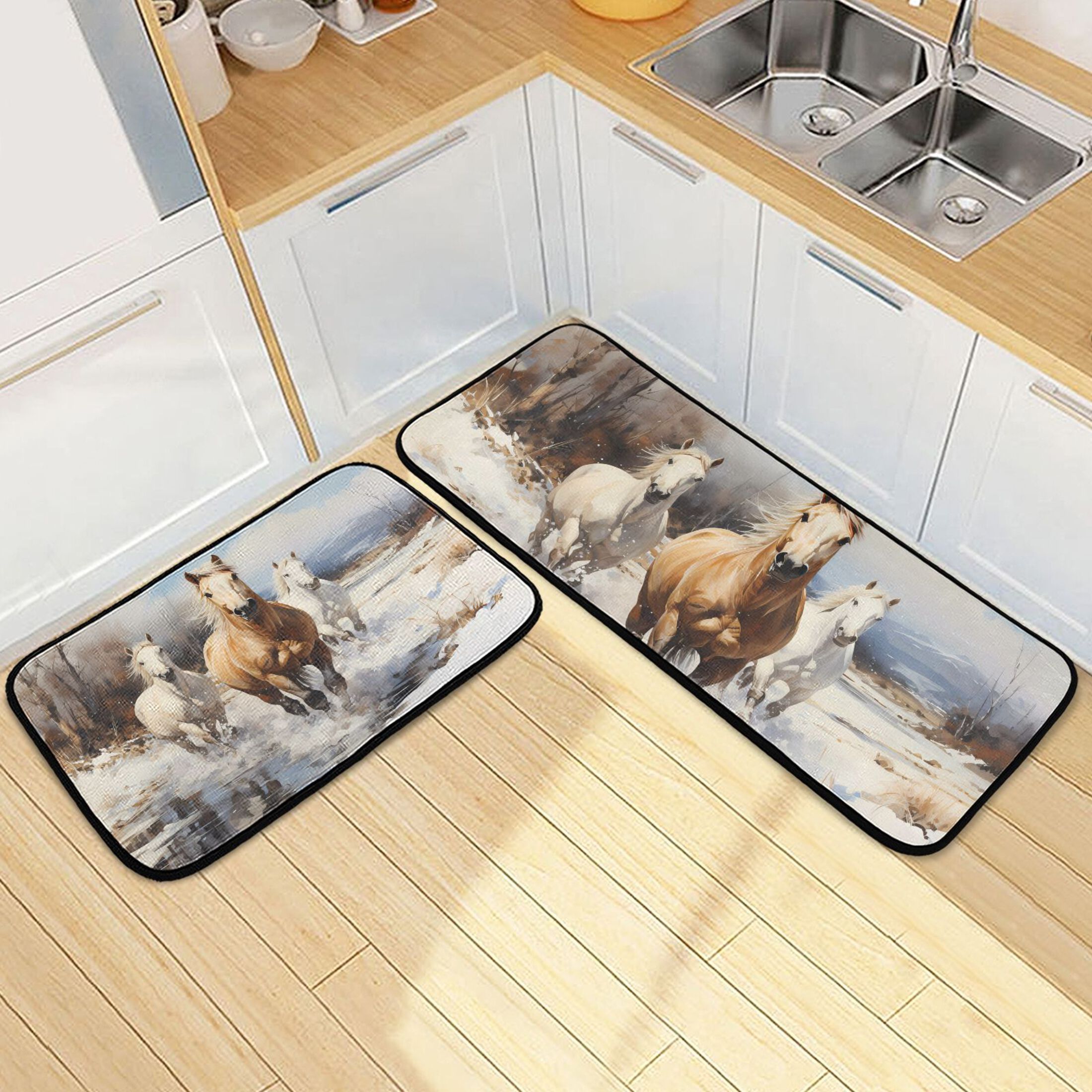Horses in Winter Kitchen Rugs Set of 2 Non Slip Floor Foam Mat ...
