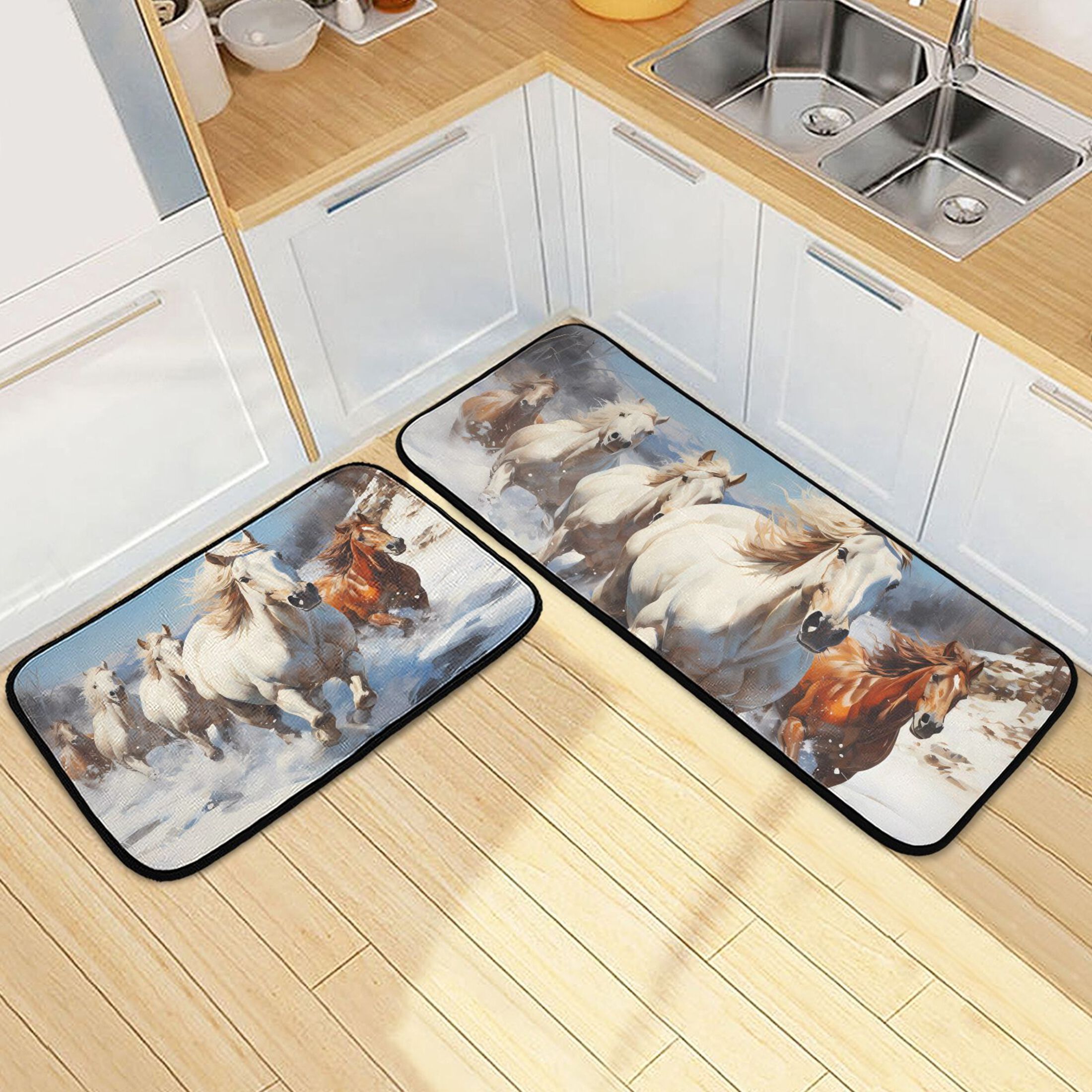 Horses in Winter Kitchen Rugs Set of 2 Non Slip Floor Foam Mat ...