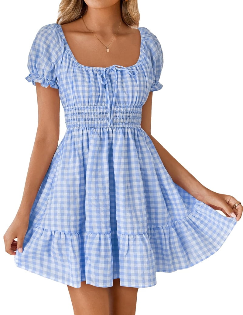 Hort Sleeve Smocked Summer Dresses Square Neck Short Sleeve High Waist ...