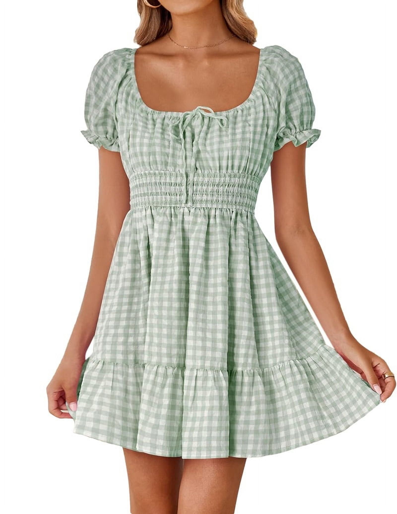 Hort Sleeve Smocked Summer Dresses Square Neck Short Sleeve High Waist ...