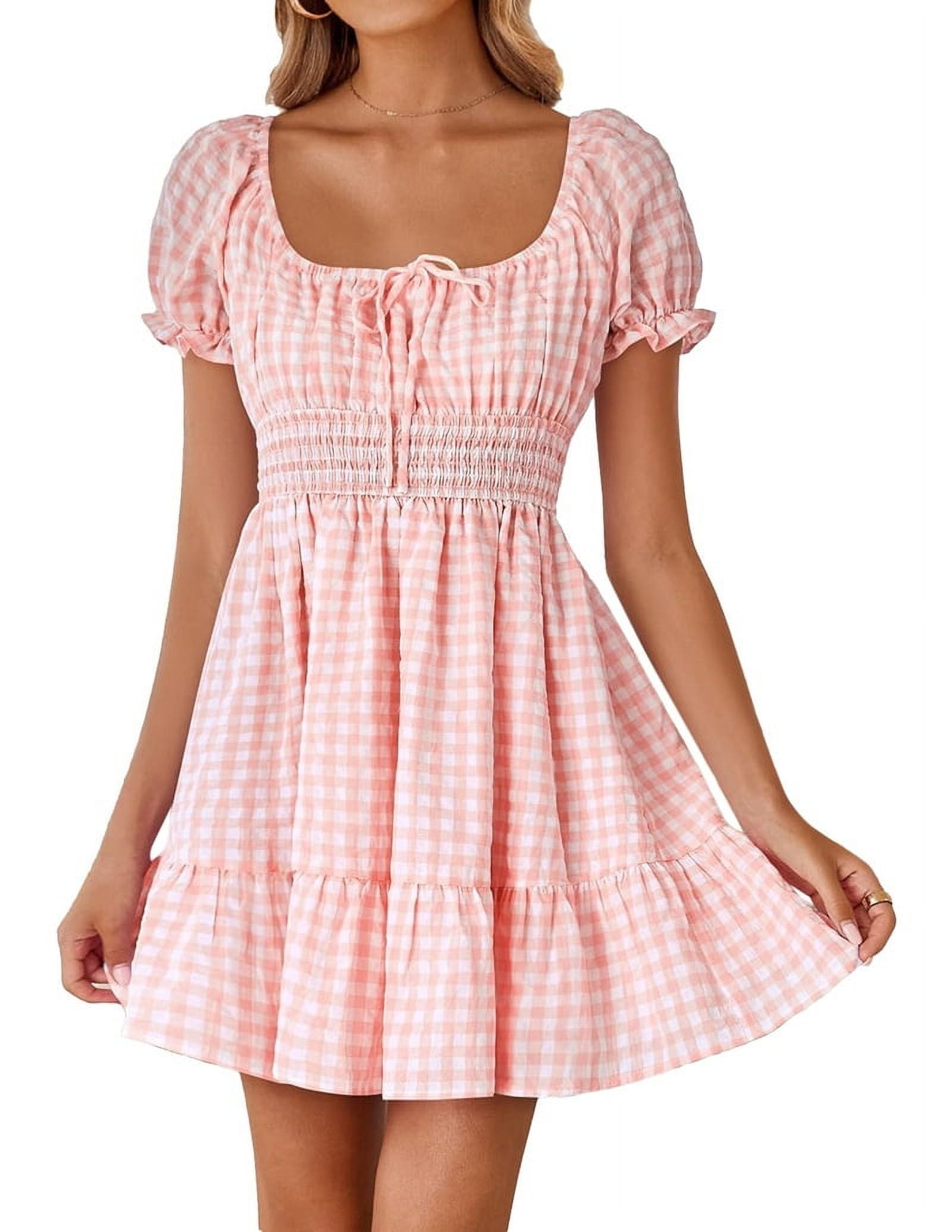 Hort Sleeve Smocked Summer Dresses Square Neck Short Sleeve High Waist ...