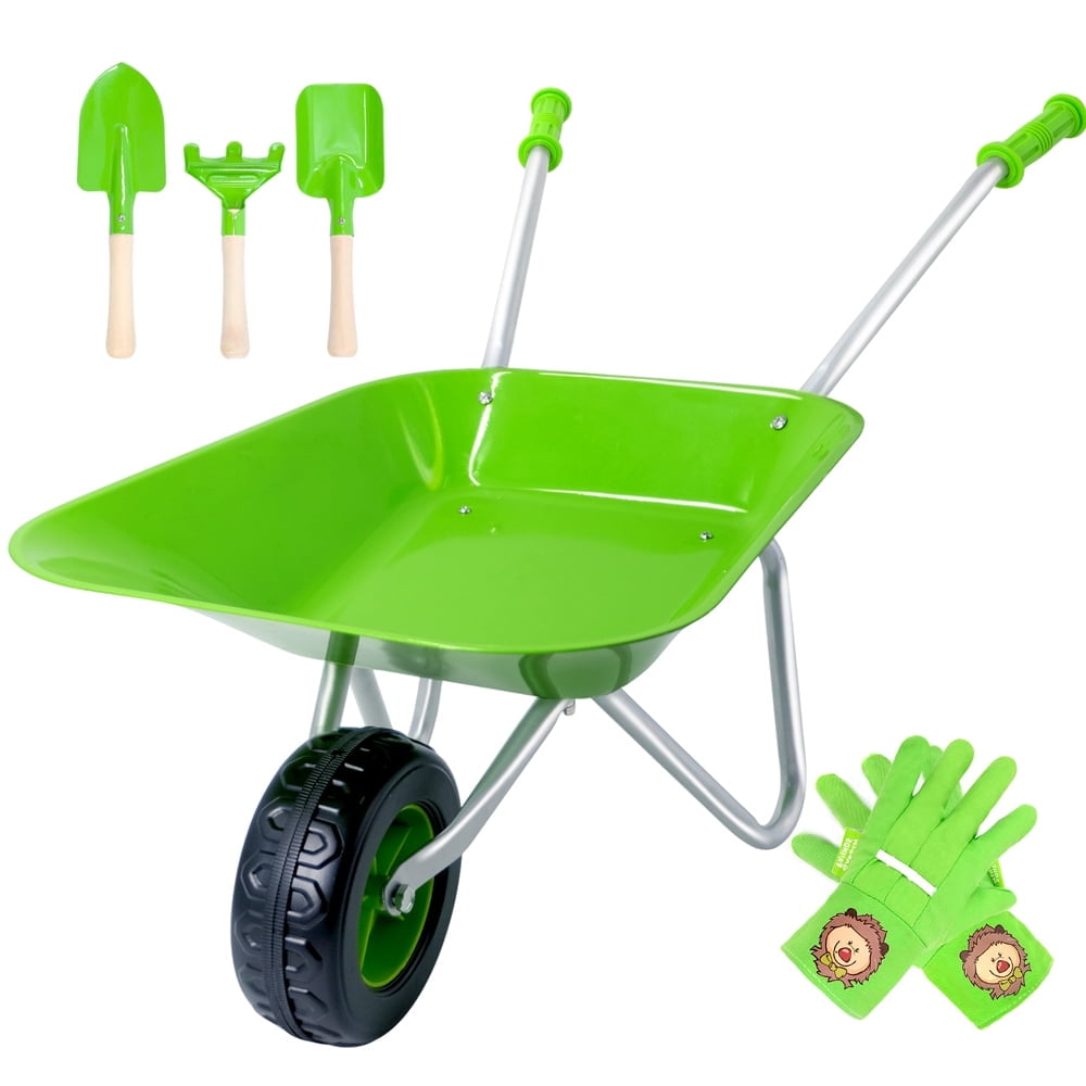 Hortem Kids Wheelbarrow Set Metal, Child Wheel Barrel Green Easy to ...