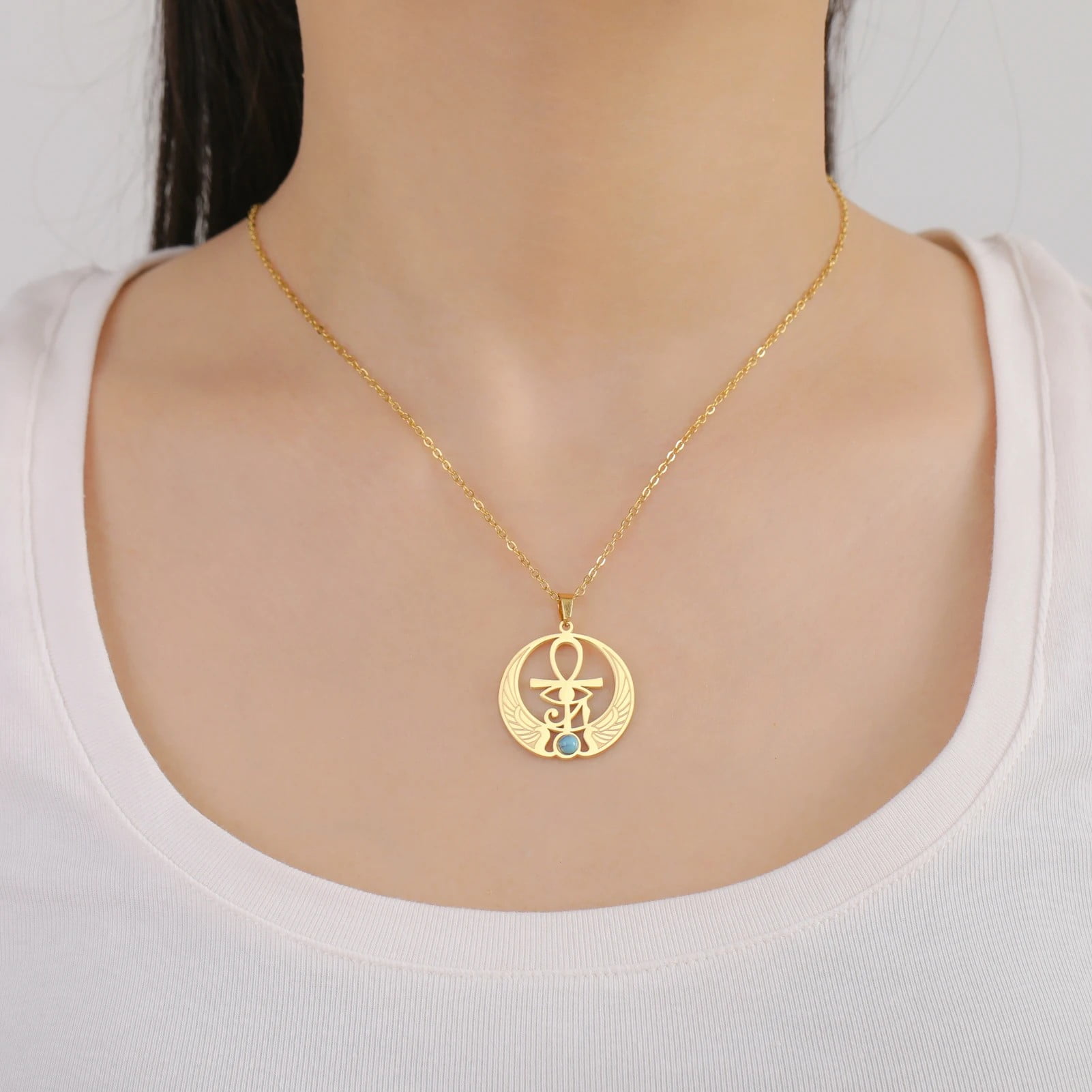 Horus Eye Cross Necklace 14K Yellow Gold Round Blue Gemstone Pendant ...